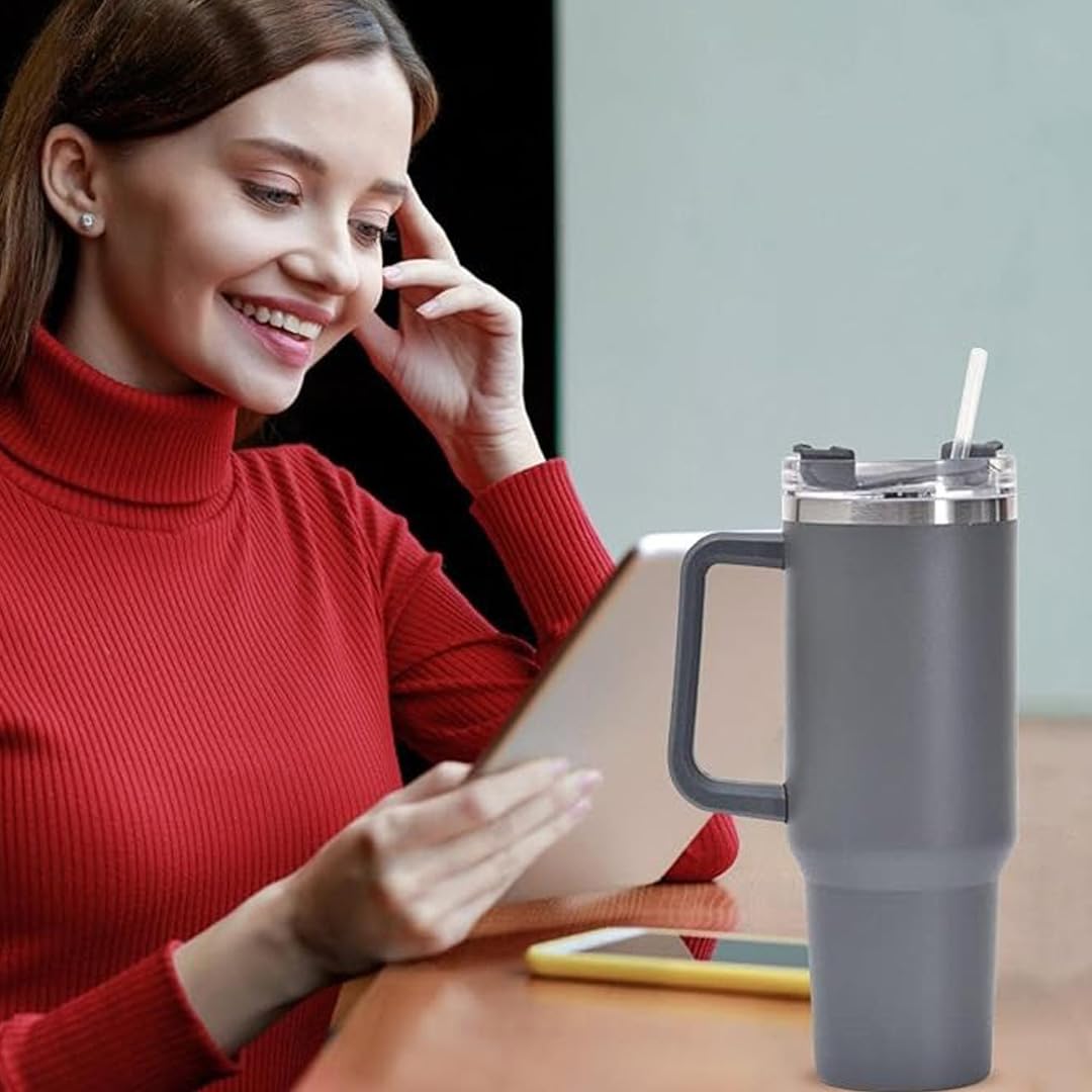 Insulated Stainless Steel Mug 40 oz - Travel Tumbler with Handle, Straw Lid, and Leak-Proof Design for Hot and Cold Drinks