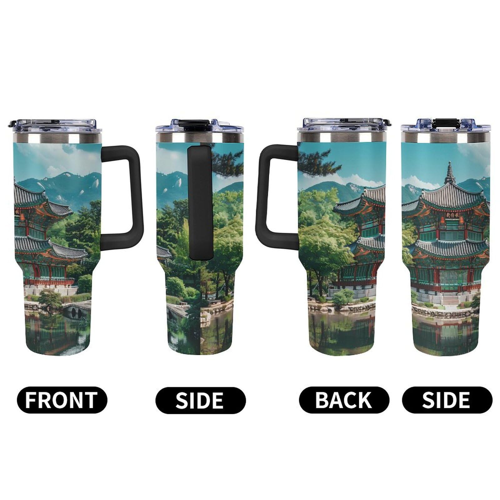Korean Architecture Palace of Koreas Insulated Tumbler with Handle Stainless Steel Travel Coffee Mug with Lid And Straw 40oz