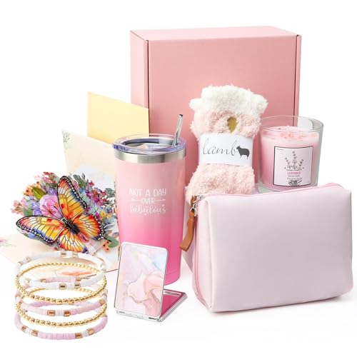 20oz Insulated Tumblers with Lid & Straw, Makeup Bag, 7oz Scented Candles Birthday Gifts Sets for Women, Care Package for Women Gifts Rose Scented Candles, Get Well Soon Gifts Baskets for Women