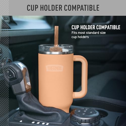 THERMOS Stainless Steel Cup Holder Mug - 40 Ounce, Melon - Insulated Tumbler with Lid and Straw, Plus Leak-Resistant Slide Lock