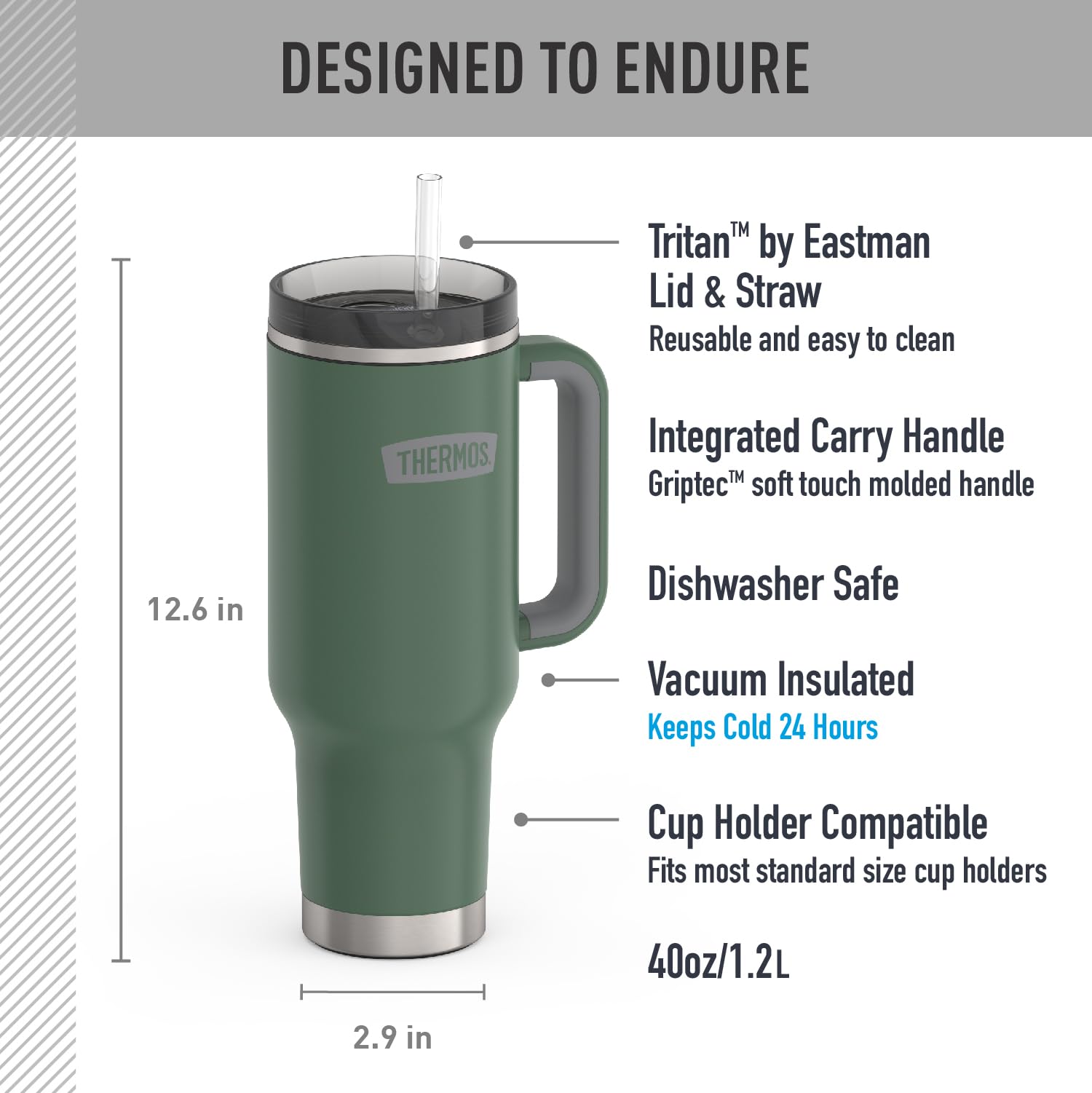 THERMOS Stainless Steel Cup Holder Mug - 40 Ounce, Alpine Green - Insulated Tumbler with Lid and Straw, Plus Leak-Resistant Slide Lock