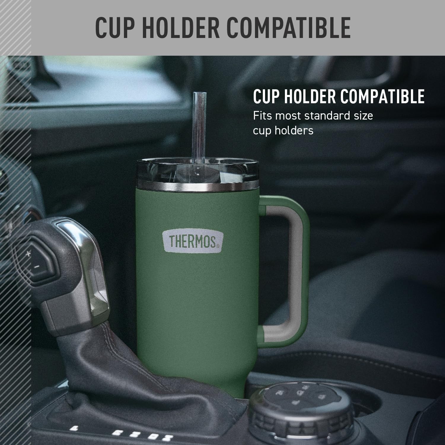 THERMOS Stainless Steel Cup Holder Mug - 40 Ounce, Alpine Green - Insulated Tumbler with Lid and Straw, Plus Leak-Resistant Slide Lock