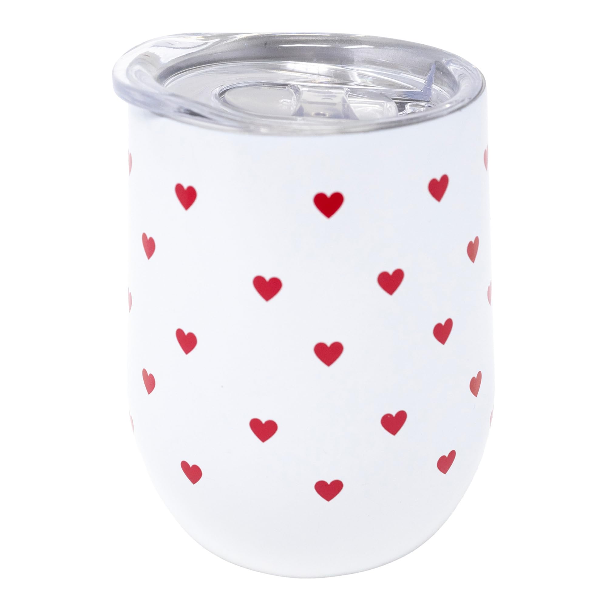 Draper James 12 Oz Insulated Tumbler with Lid, Stainless Steel Travel Wine Glass, Double Wall Metal Cup, Mini Hearts