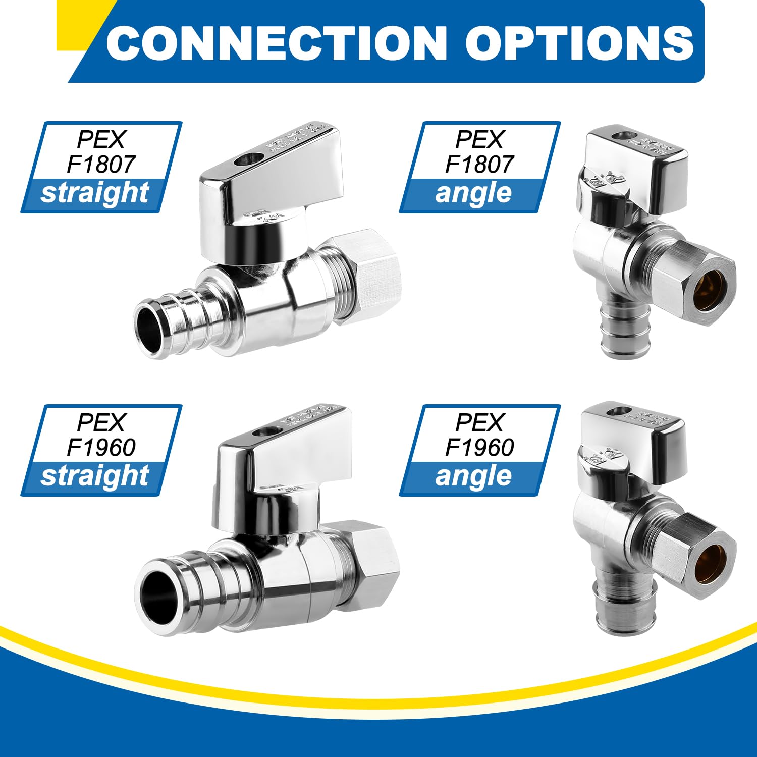 1/4 Turn Angle Stop Valve, 1/2" Expansion Pex F1960 X 3/8" OD Compression For Toilets And Faucets (Pack of 10)