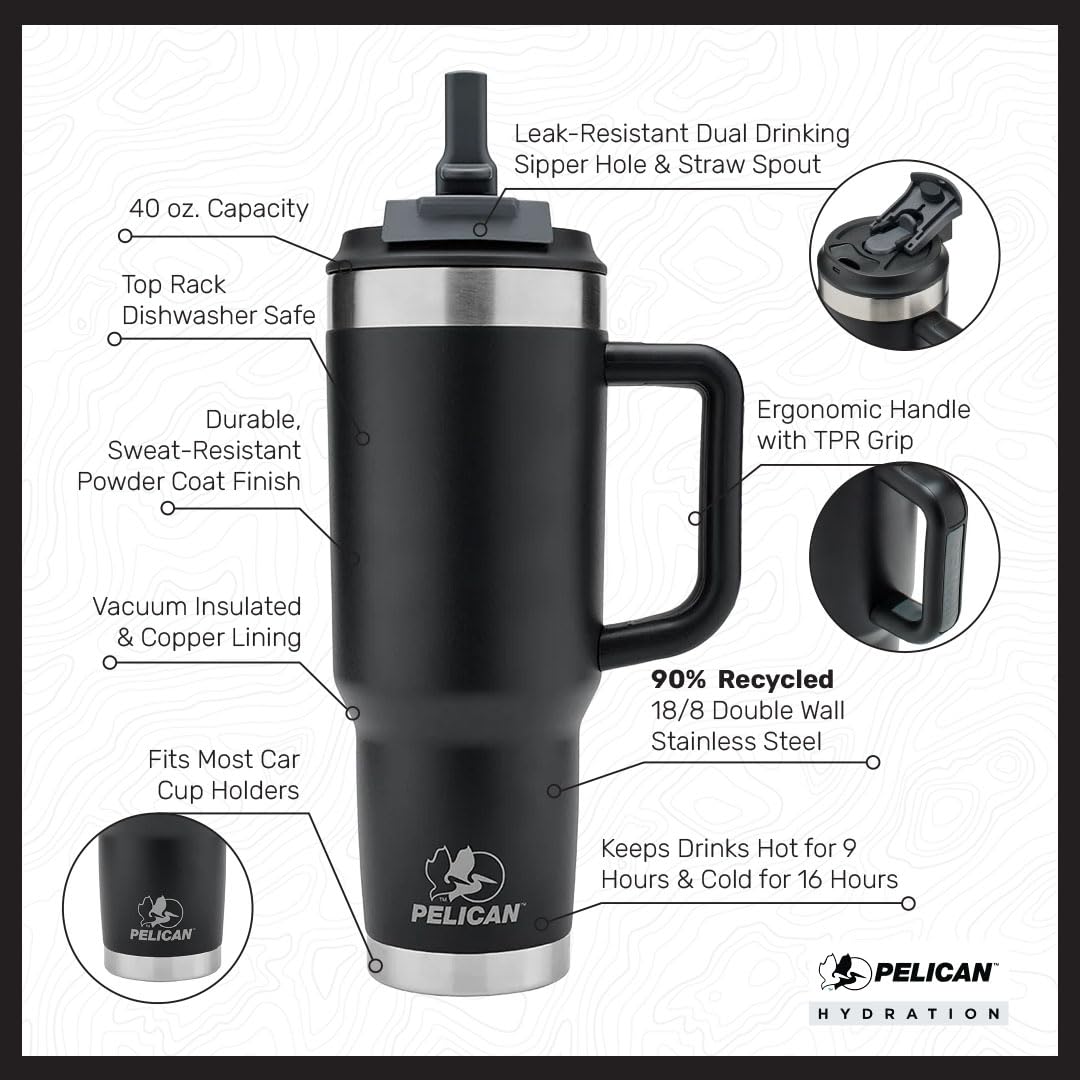 HydrationHub USA Pelican Porter™ Dual - 40 oz. Dual Lid, Recycled Double Wall Stainless Steel Travel Tumbler, Jet Black