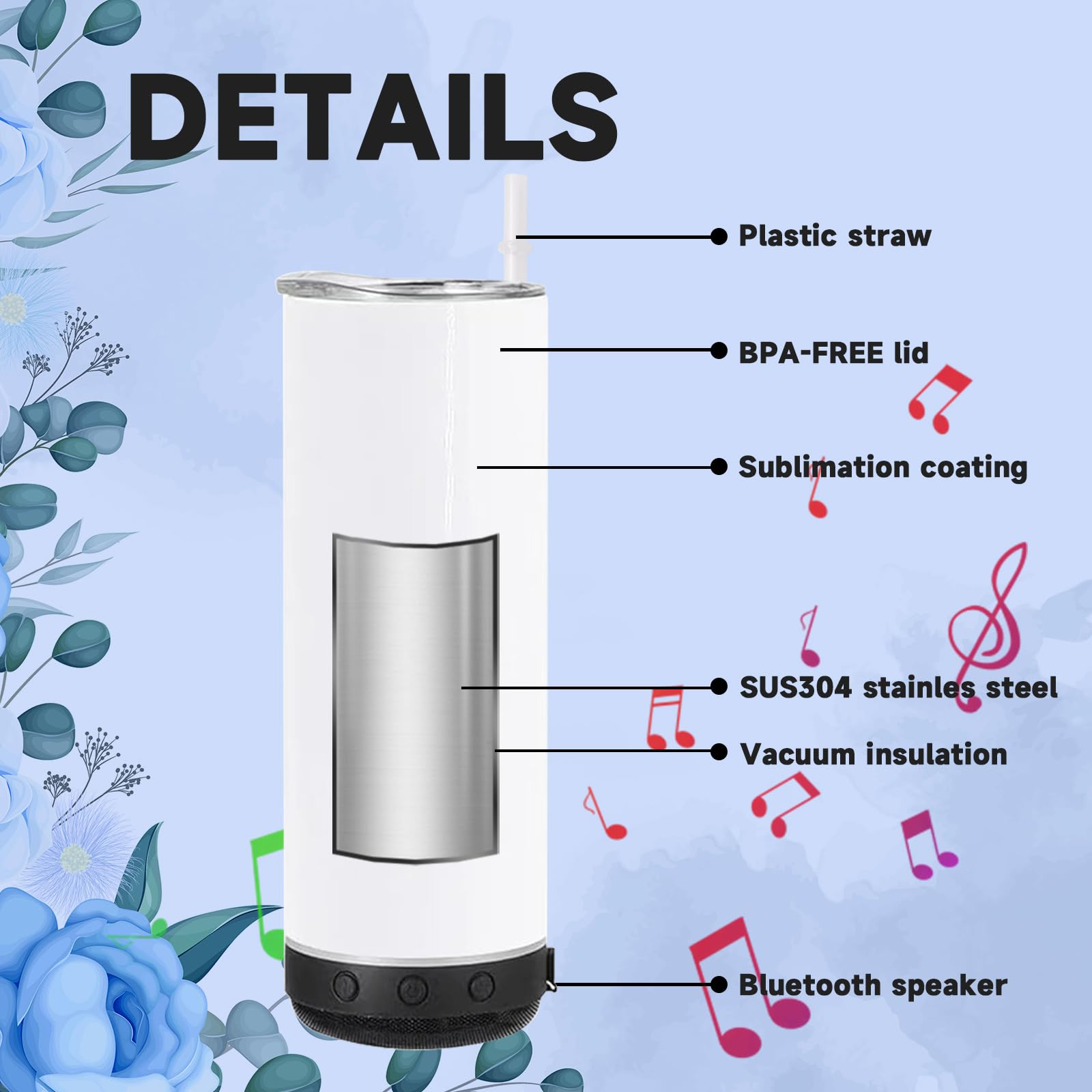HIZEE 6pack 20oz cups Bluetooth Sublimation Tumbler with Straw and Lid, Double-Wall Stainless Steel Vacuum Insulation Sublimation Tumbler Blank, RemovableRechargeable Bluetooth Wireless Speaker black
