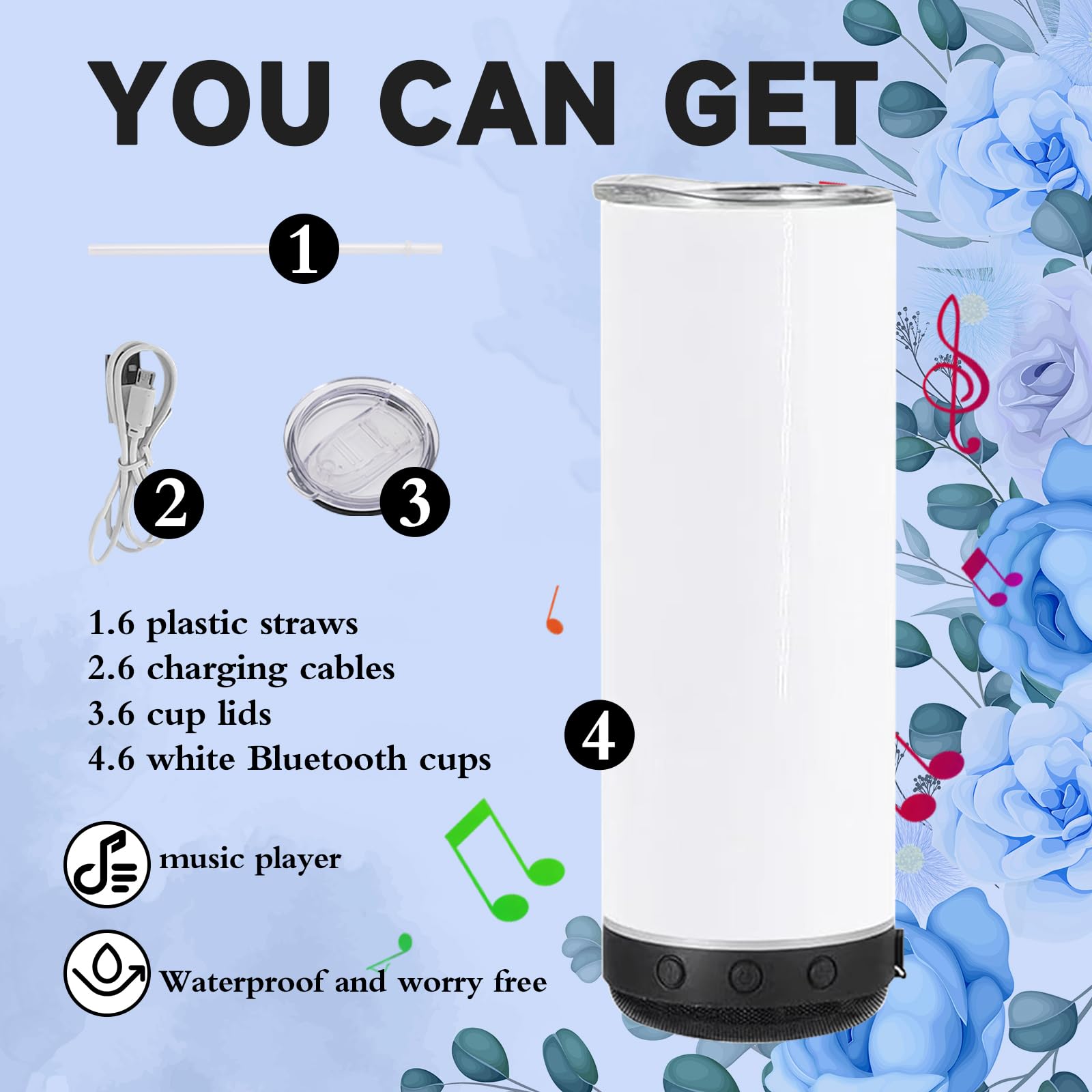 HIZEE 6pack 20oz cups Bluetooth Sublimation Tumbler with Straw and Lid, Double-Wall Stainless Steel Vacuum Insulation Sublimation Tumbler Blank, RemovableRechargeable Bluetooth Wireless Speaker black