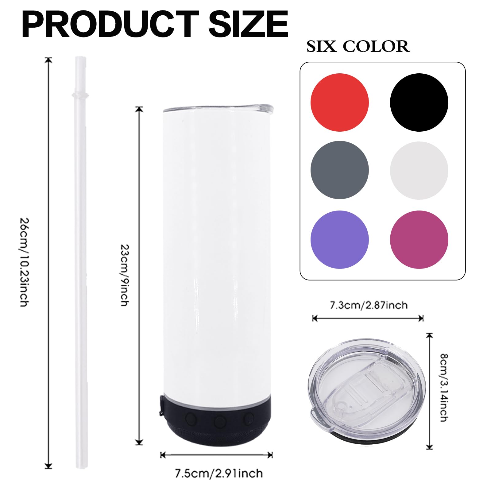 HIZEE 6pack 20oz cups Bluetooth Sublimation Tumbler with Straw and Lid, Double-Wall Stainless Steel Vacuum Insulation Sublimation Tumbler Blank, RemovableRechargeable Bluetooth Wireless Speaker miexd