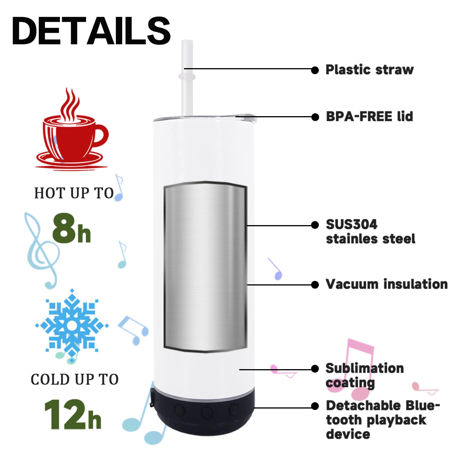 HIZEE 6pack 20oz cups Bluetooth Sublimation Tumbler with Straw and Lid, Double-Wall Stainless Steel Vacuum Insulation Sublimation Tumbler Blank, RemovableRechargeable Bluetooth Wireless Speaker miexd
