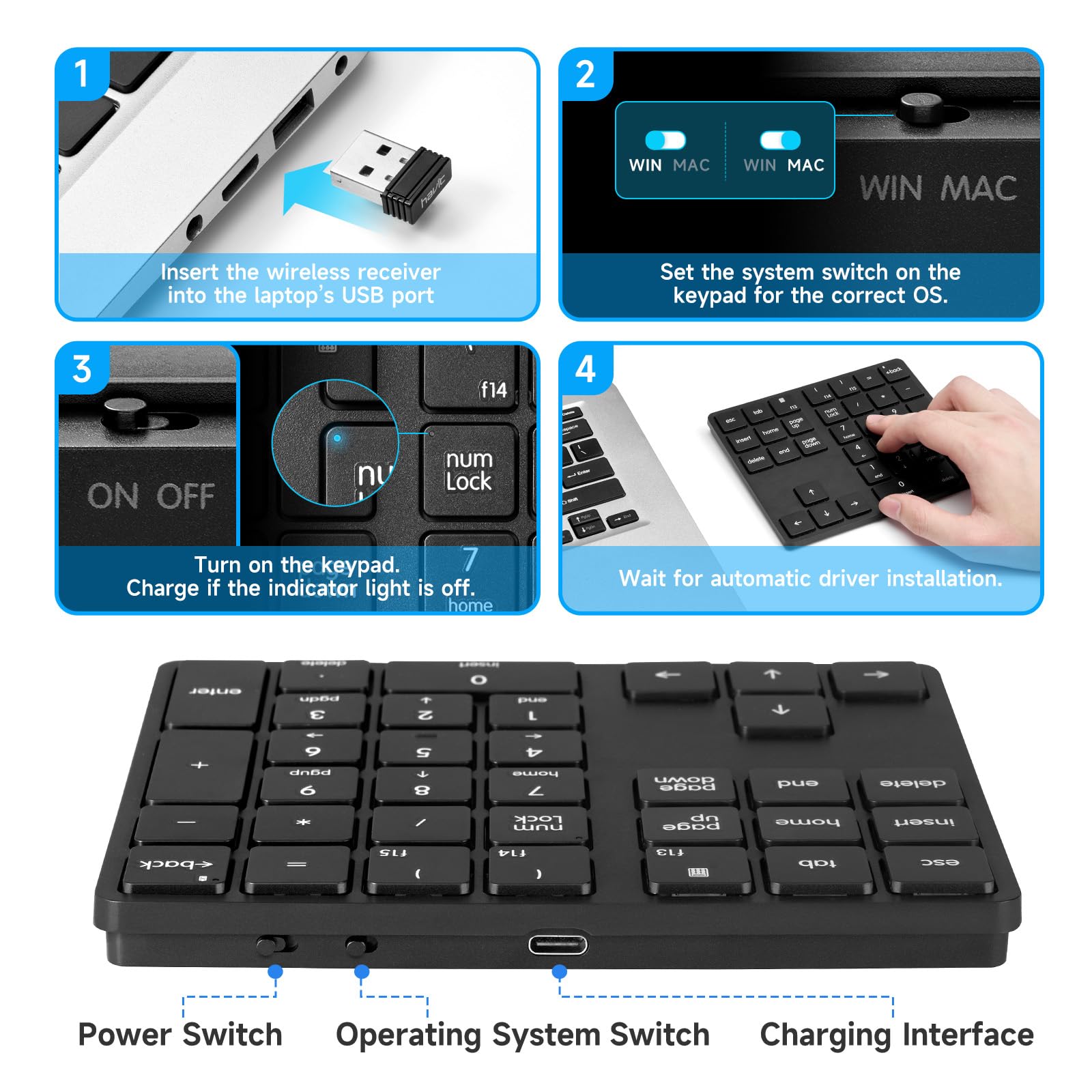 havit Wireless Number Pad for Laptop, Rechargeable 26 and 34-Key Numeric Keypad for Laptop Desktop, PC, Notebook