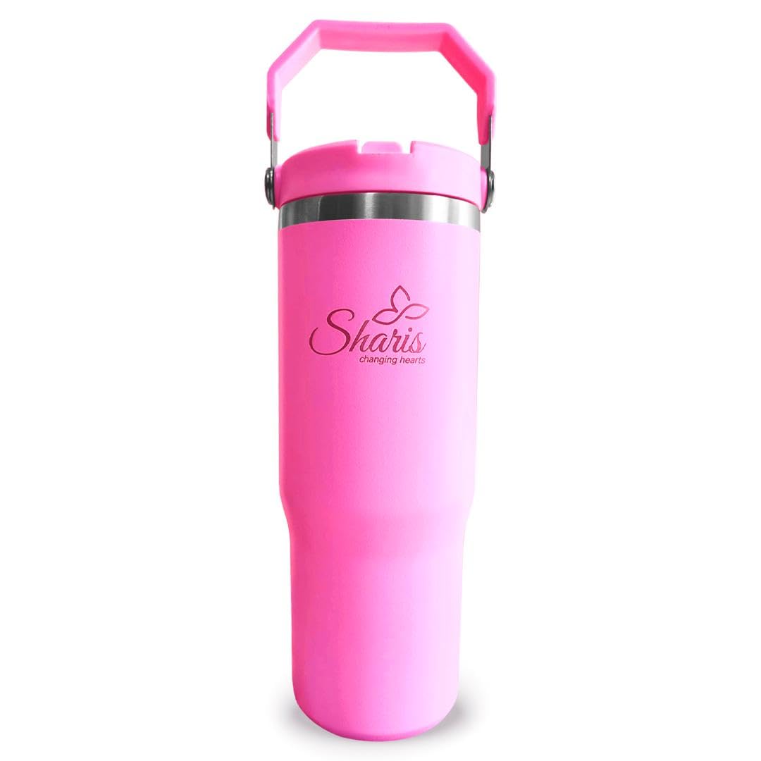 SHARIS 30 oz Tumbler with Flip Straw - Leak Proof - Water Tumbler with Flip Handle - No Spill Tumbler - Cup Friendly -Vacuum Insulated - Handle on Top - Bonus 1Straws 1 Cleaning Brush (fuchsia)