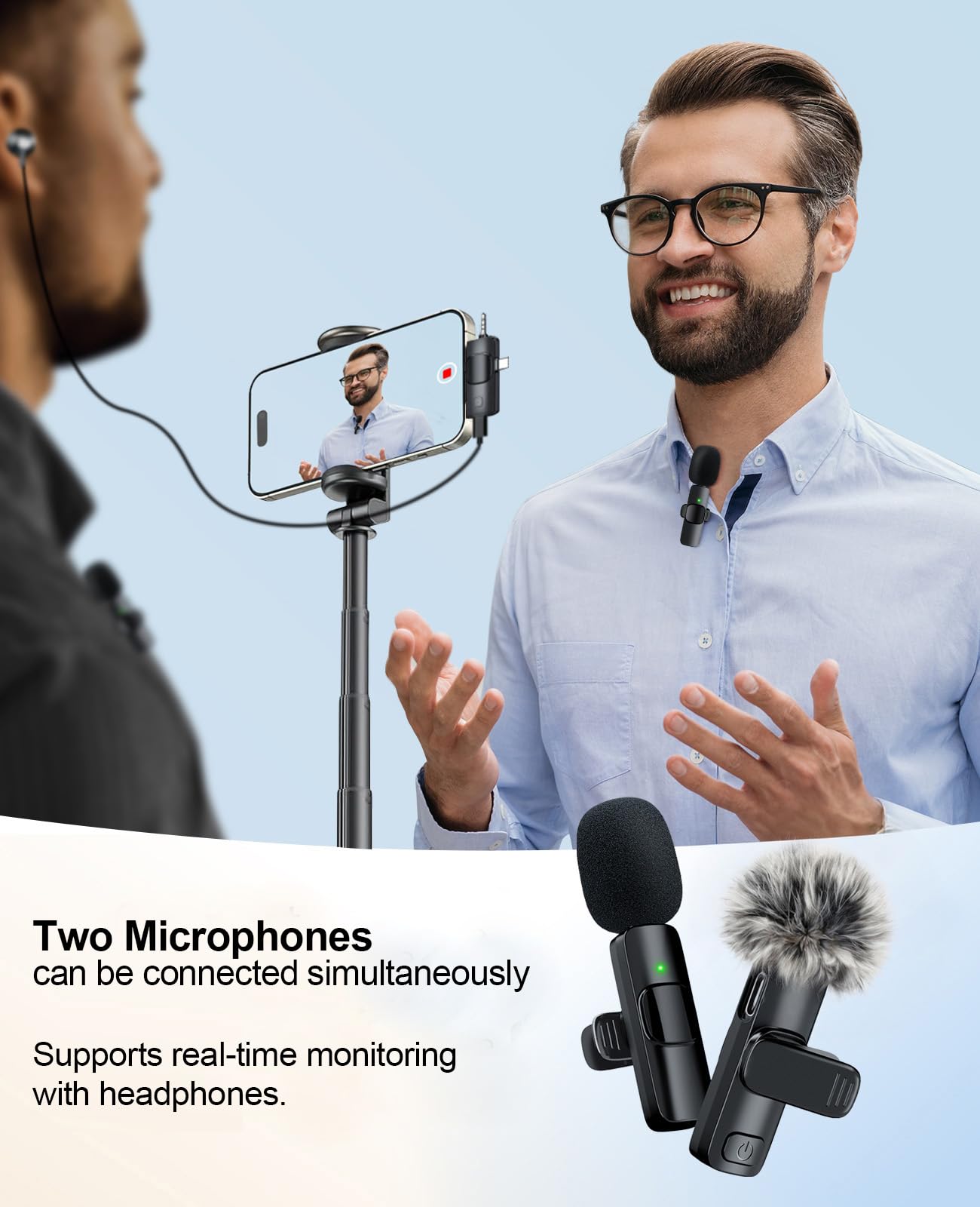 MENERESAS 3-in-1 Mini Microphone for iPhone: Wireless Lavalier Microphones for iOS/Android Devices/Camera - Noise Reduction Lapel Mic - Clip on Mic for Video Recording Vlog/YouTube/Interview