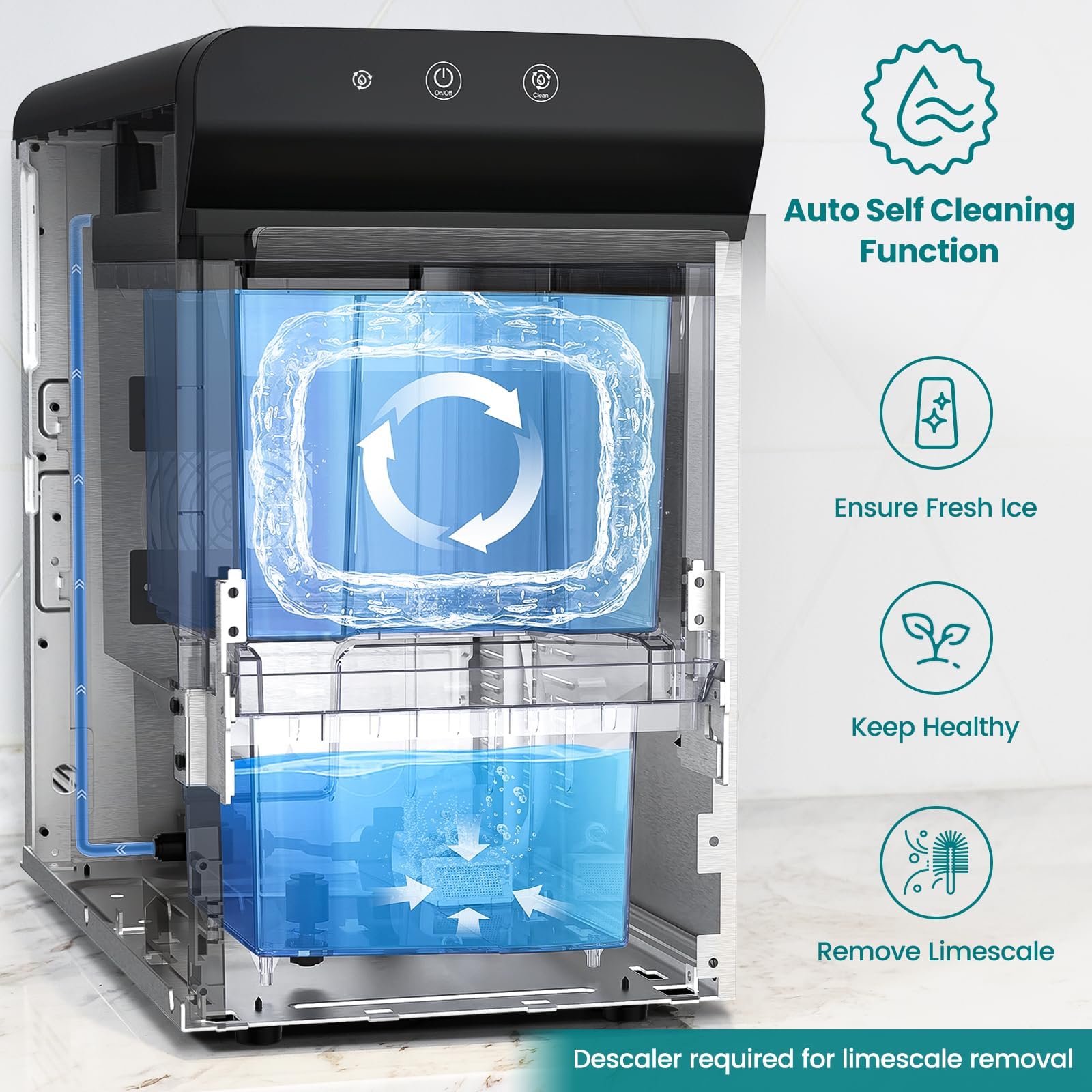 Gevi Household V2.0 Countertop Gemi Nugget Ice Maker | Self-Cleaning Pellet Ice Machine | Stainless Steel Housing |16.7''H Fits Perfectly Under Wall Cabinet | Black with Viewing Window