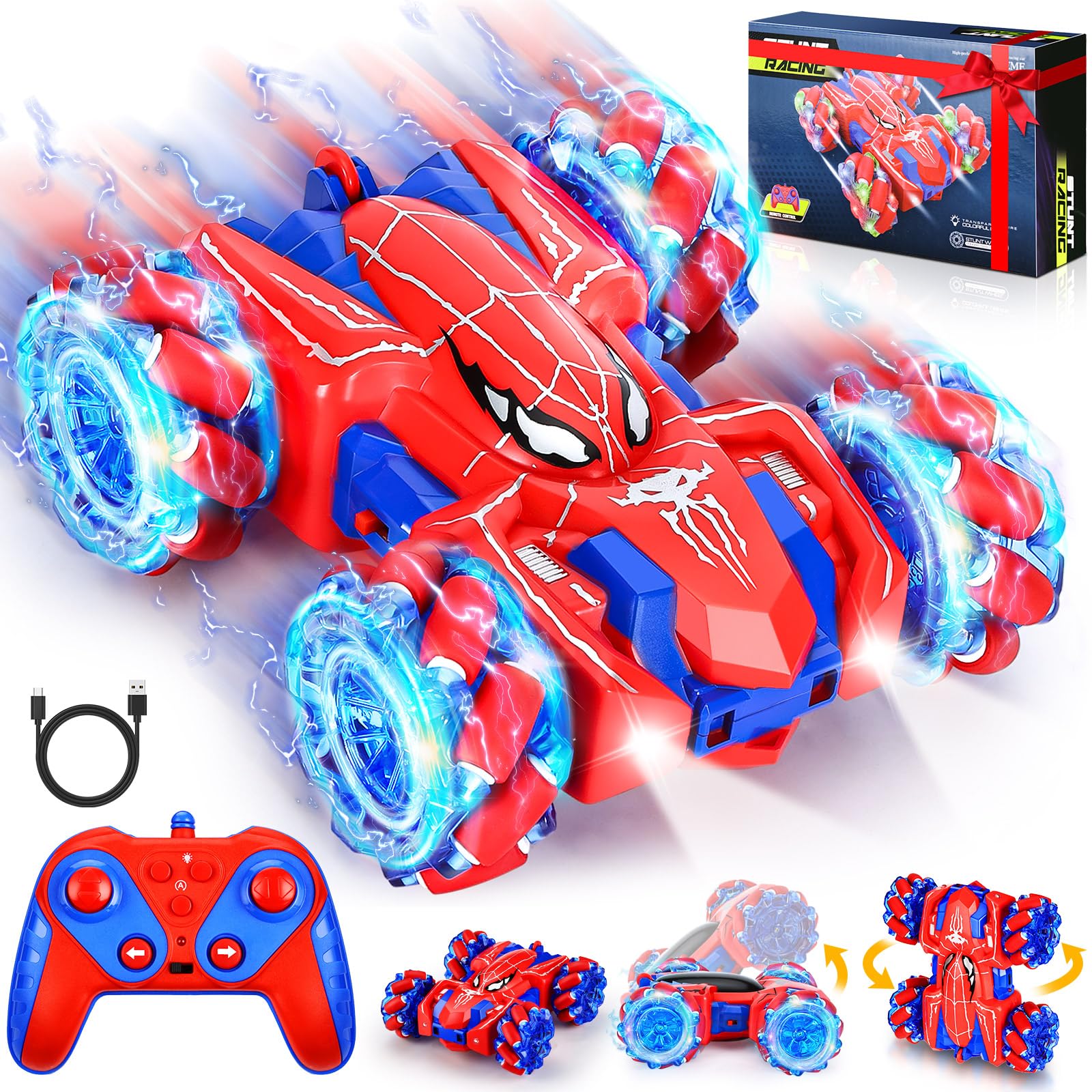Beiqiden Spider Remote Control Car for Boys 4-6,360° Rotating Double-Sided Rechargeable RC Stunt Cars with Cool Headlights,2.4Ghz 4WD Off-Road Racing Cars for Kids Age 4 5 6 7 8 9 10 11 12 (Red1)