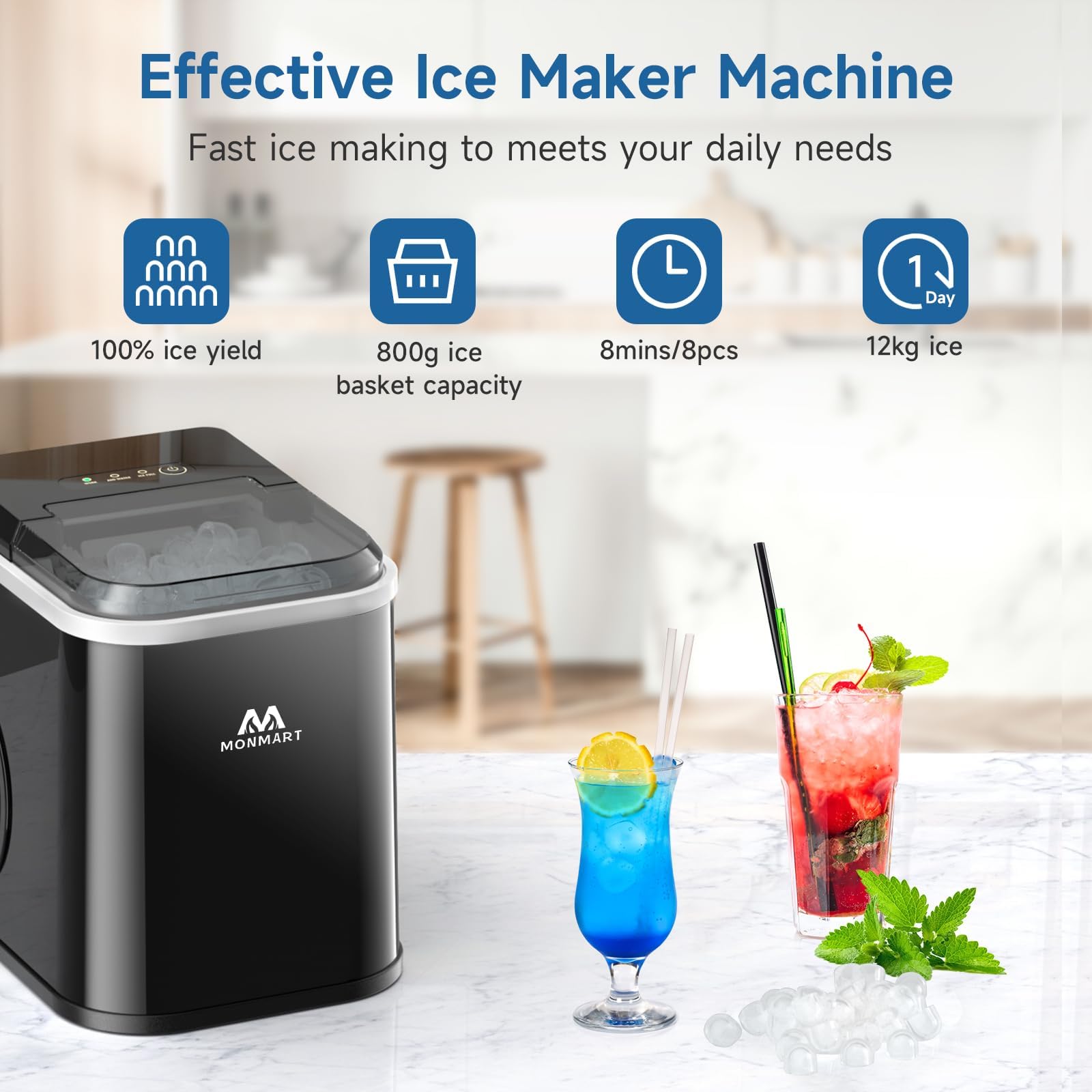 Portable Ice Maker Countertop, Small Ice Maker Machine with Handle, 26.5lbs/24Hrs, 8 Cubes in 6-10 Mins, Self-Cleaning Ice Makers for Home/Kitchen/Office/Bar