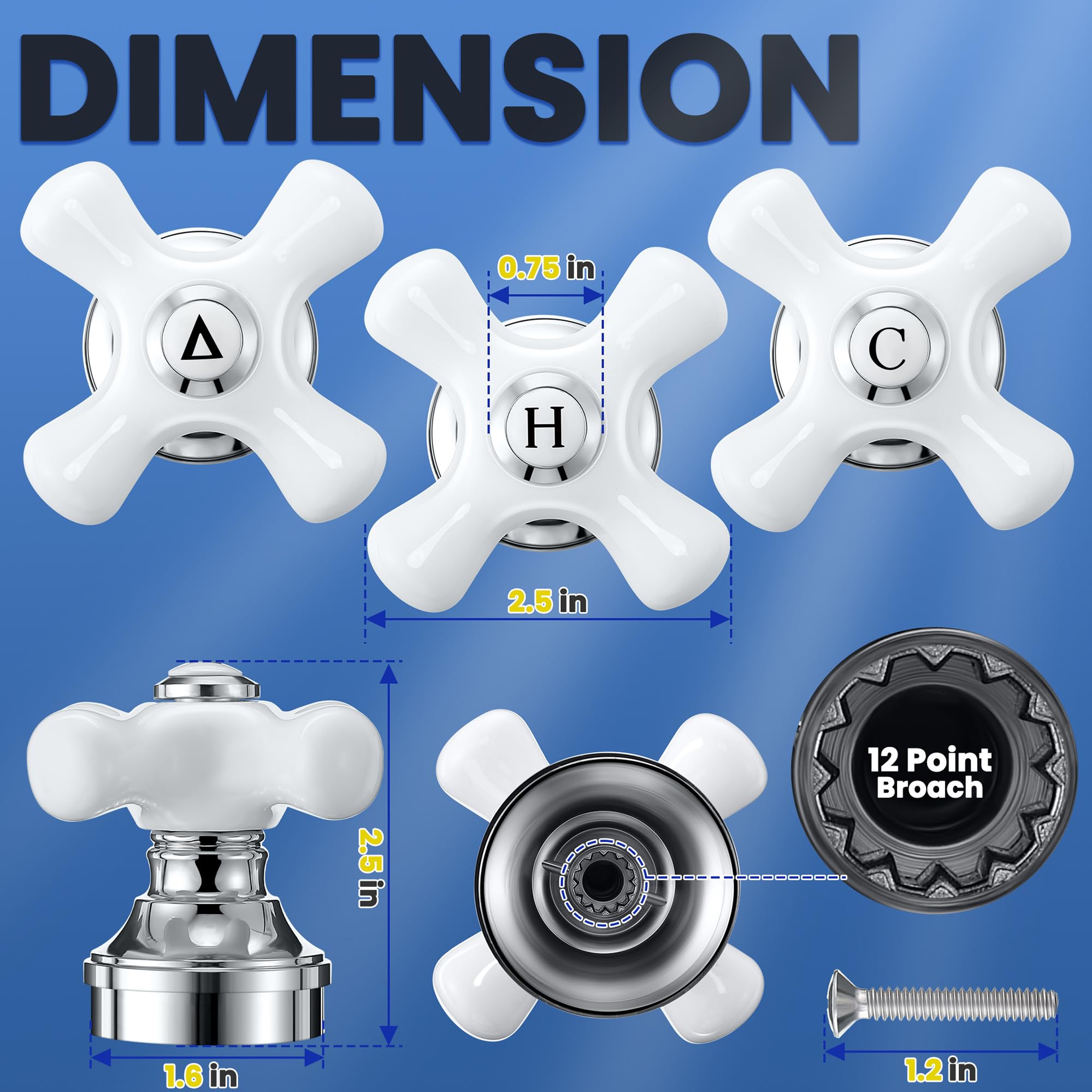 Enhon 3 Pcs Porcelain Handle Set, Compatible with Price Pfister Shower Valve, Hot Cold and Diverter Handle, Fits 12 Point Broach Stem, Chrome Finish White Porcelain(Cross Arm)