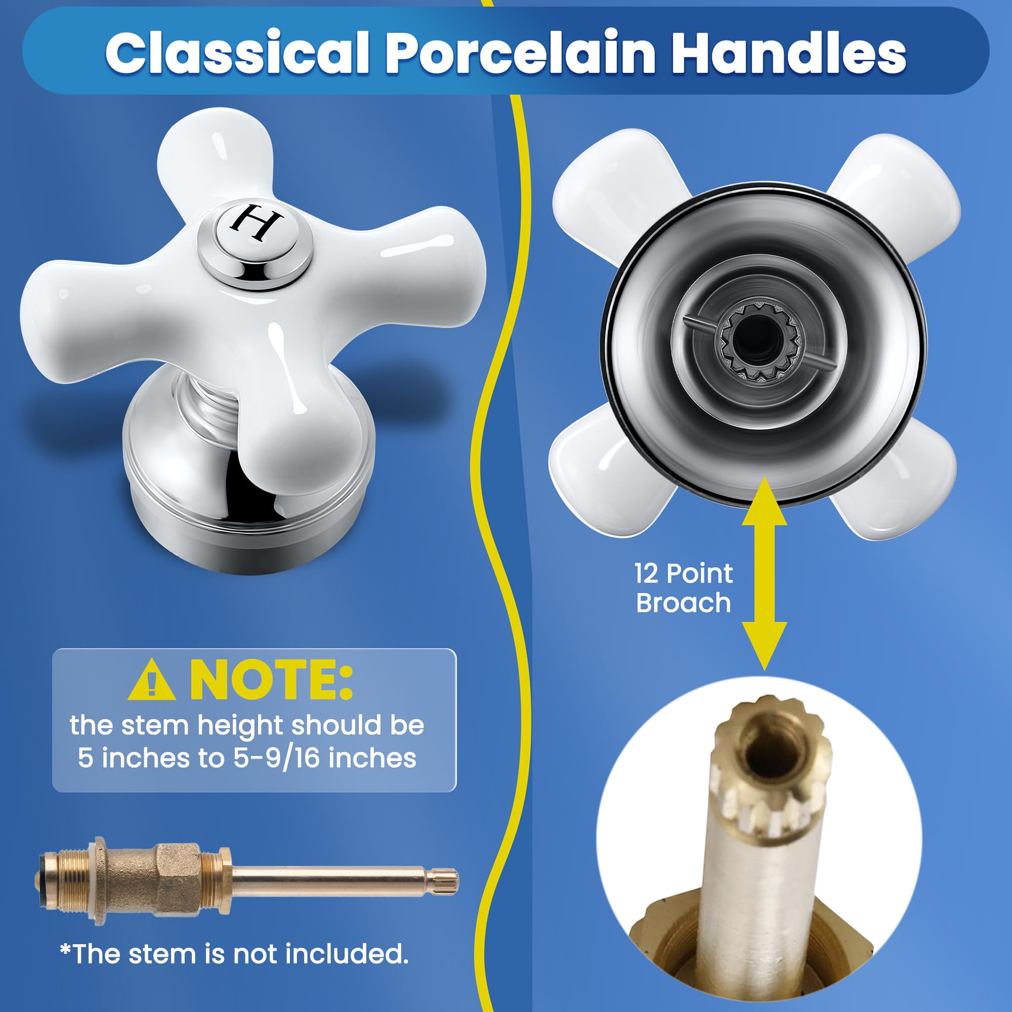 Enhon 3 Pcs Porcelain Handle Set, Compatible with Price Pfister Shower Valve, Hot Cold and Diverter Handle, Fits 12 Point Broach Stem, Chrome Finish White Porcelain(Cross Arm)