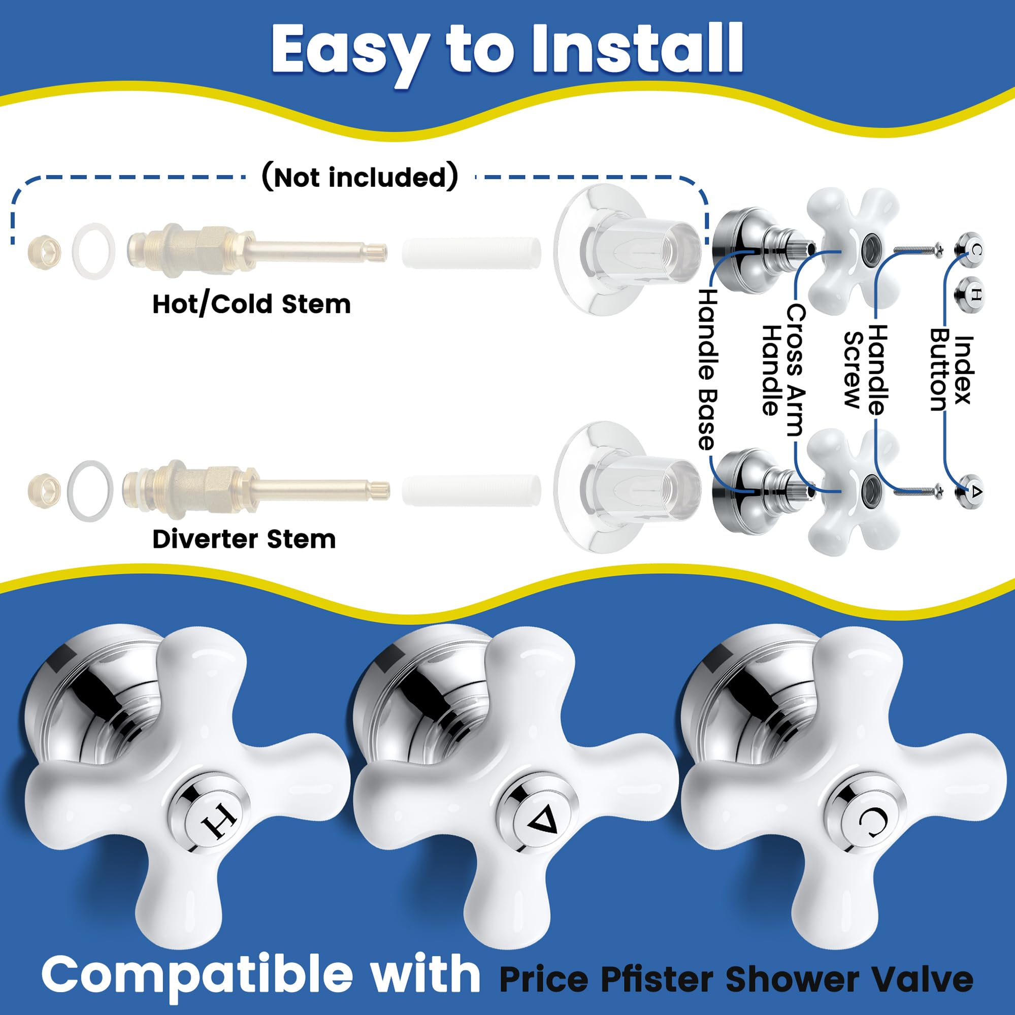 Enhon 3 Pcs Porcelain Handle Set, Compatible with Price Pfister Shower Valve, Hot Cold and Diverter Handle, Fits 12 Point Broach Stem, Chrome Finish White Porcelain(Cross Arm)