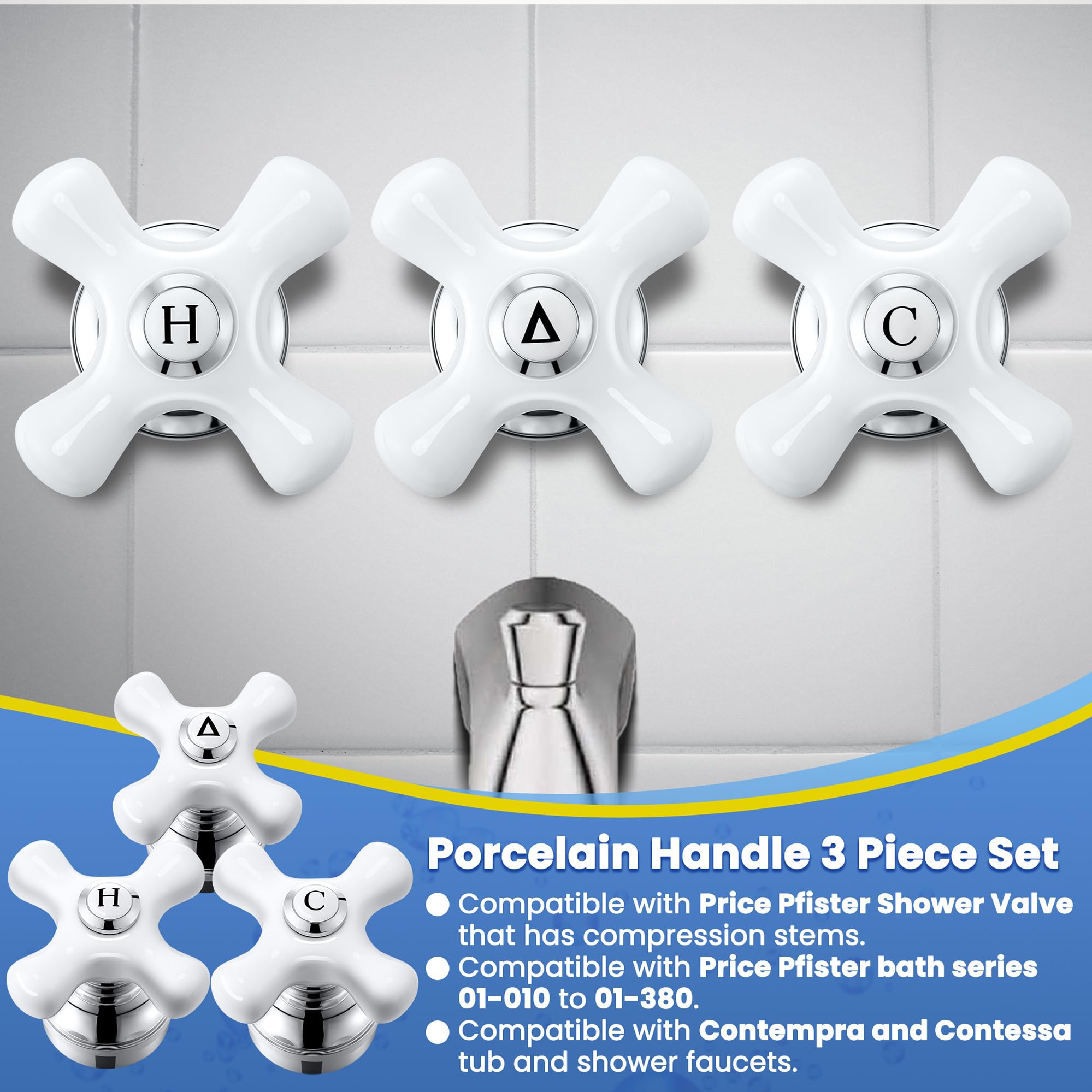 Enhon 3 Pcs Porcelain Handle Set, Compatible with Price Pfister Shower Valve, Hot Cold and Diverter Handle, Fits 12 Point Broach Stem, Chrome Finish White Porcelain(Cross Arm)