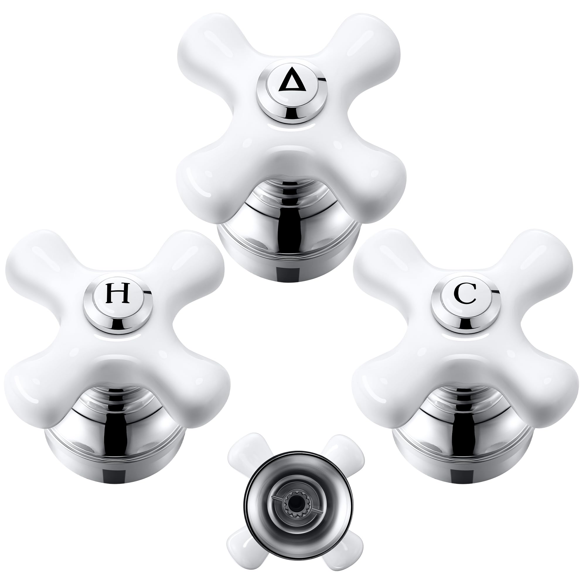 Enhon 3 Pcs Porcelain Handle Set, Compatible with Price Pfister Shower Valve, Hot Cold and Diverter Handle, Fits 12 Point Broach Stem, Chrome Finish White Porcelain(Cross Arm)