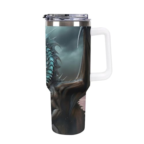 QWJKM Cool Dragon Tumbler with Handle Large Insulated Car Cup 40 OZ Stainless Steel Travel Mug Leak Proof Water Bottle with Lid And Straw for Car Home Office Gifts