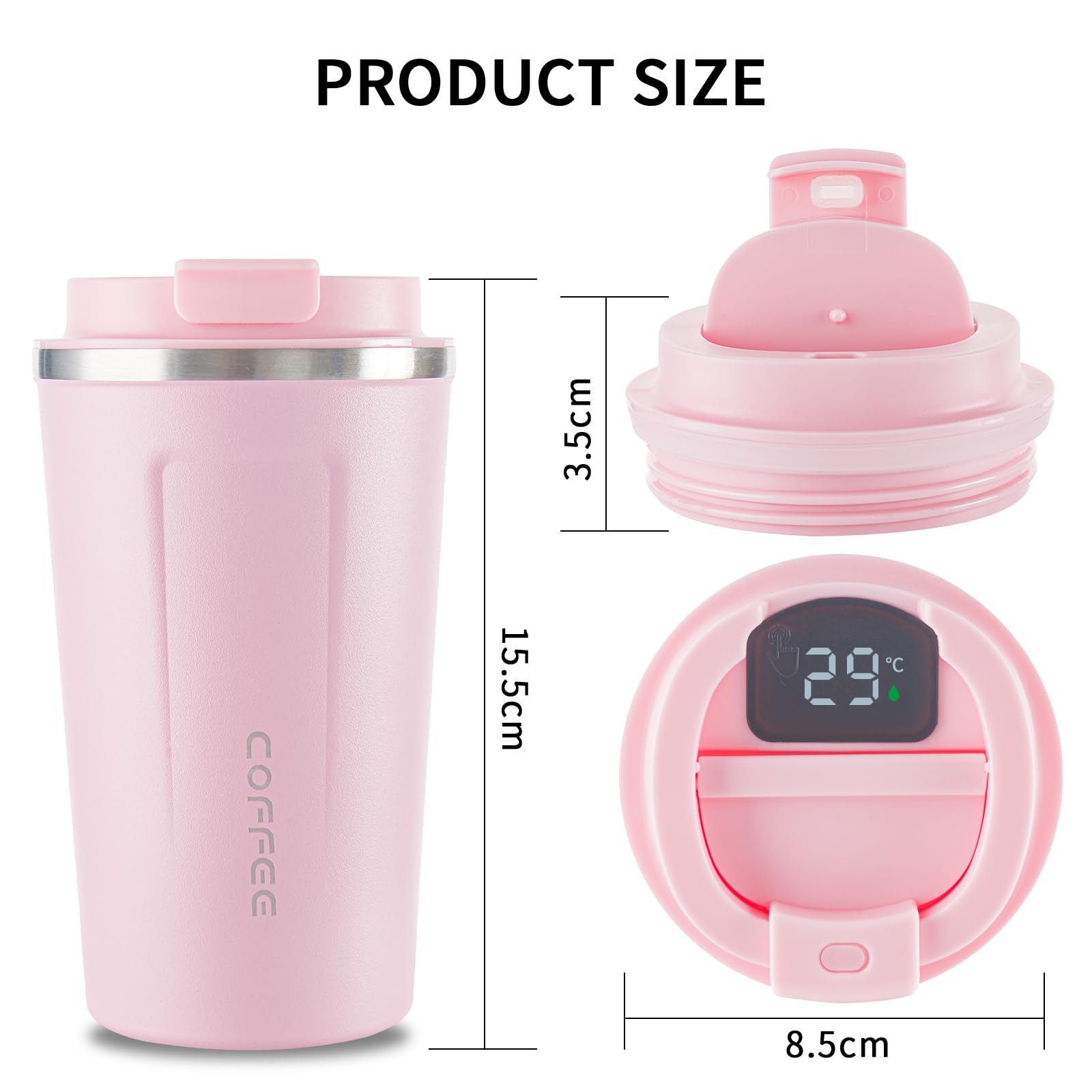 Stainless Steel Vacuum Insulated Travel Coffee Mug, Led Temperature Display Insulated Tumbler, Leak Proof With Lid Keeps Cold And Warm, Suitable For Coffee, Tea And Beer(Pink)