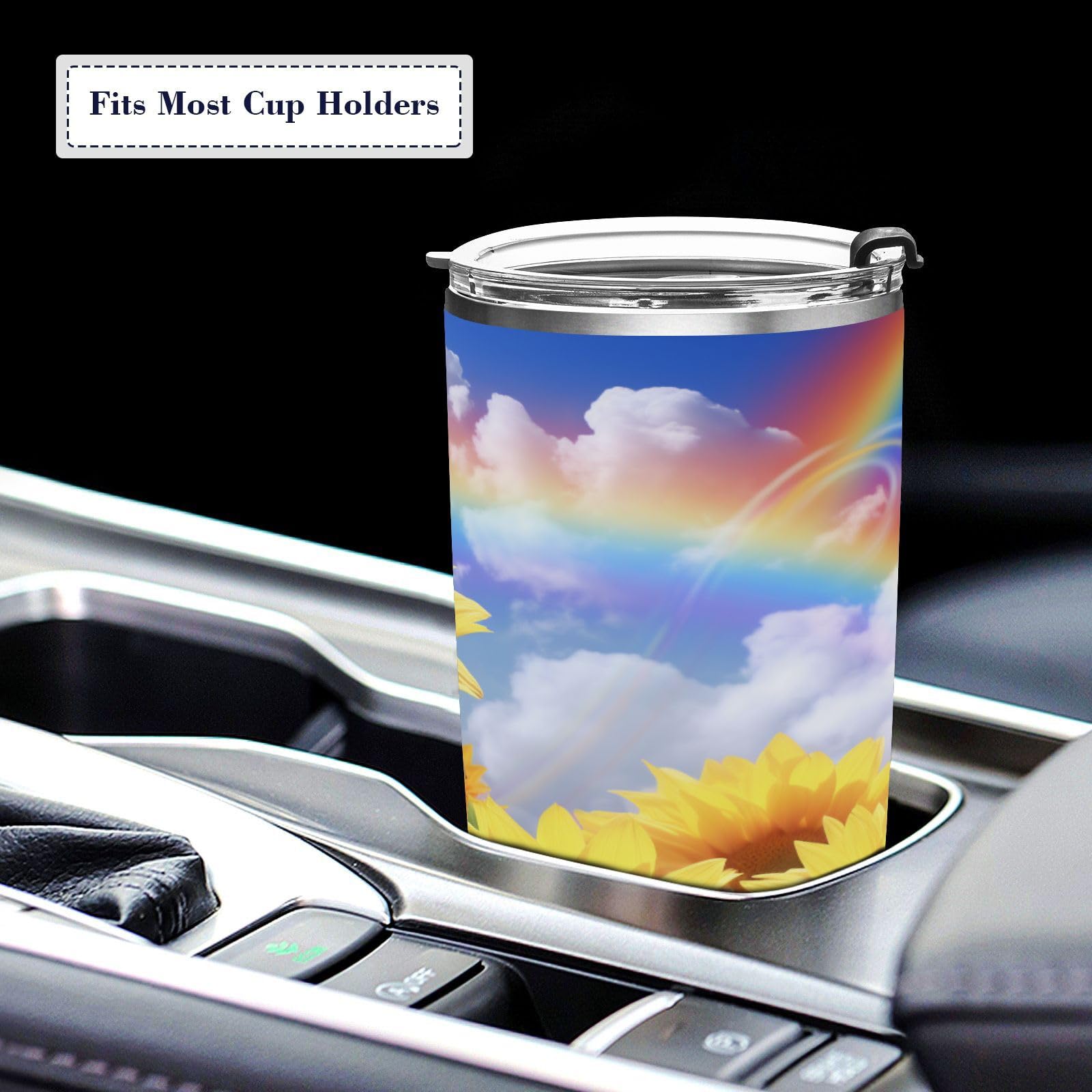 IOACIY 11 Oz Stainless Steel Vacuum Insulated, Sunflower Cloud Rainbow (2) Travel Mug with Lids and Straw, Double Wall Water Coffee Cup for Office, Outdoor Works for Hot Beverage and Ice Drinks