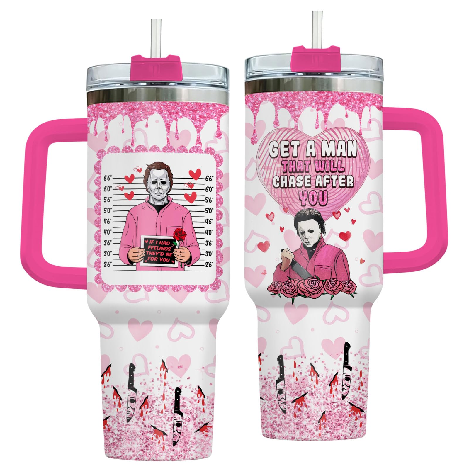 GEPOSTORE Valentines Gifts for Him Her, Horror Character 40 Oz Tumbler with Handle, Scary Cup, Halloween Movie Characters Mug, Gifts for Horror Fans