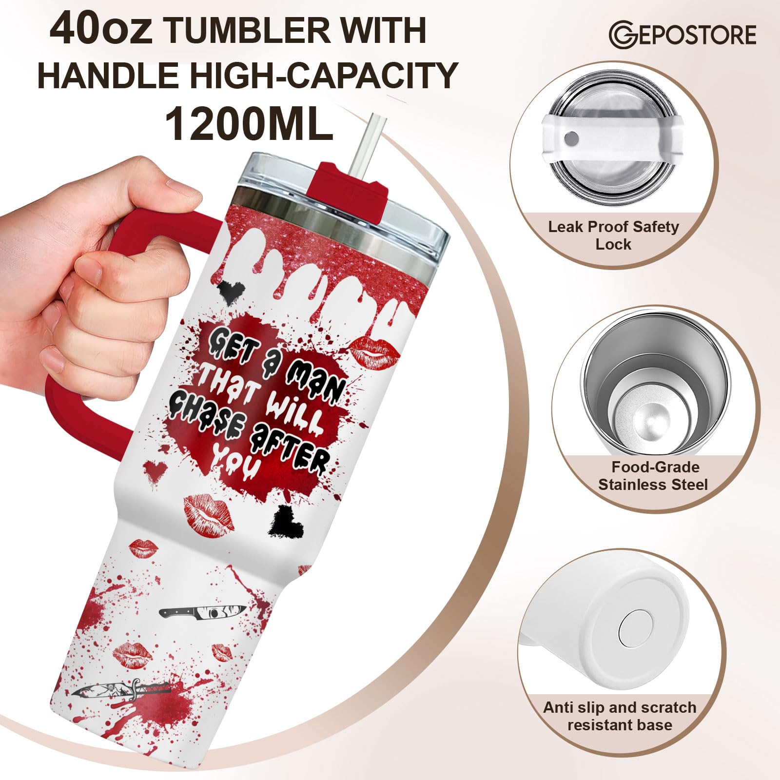 GEPOSTORE Valentines Gifts for Him Her, Horror Characters 40 Oz Tumbler with Handle, Movie Scary Cup, Gifts for Horror Fan
