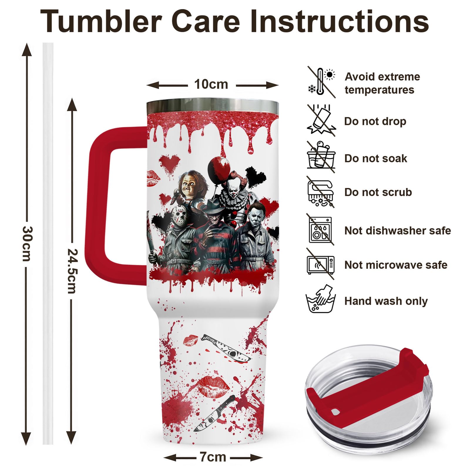 GEPOSTORE Valentines Gifts for Him Her, Horror Characters 40 Oz Tumbler with Handle, Movie Scary Cup, Gifts for Horror Fan