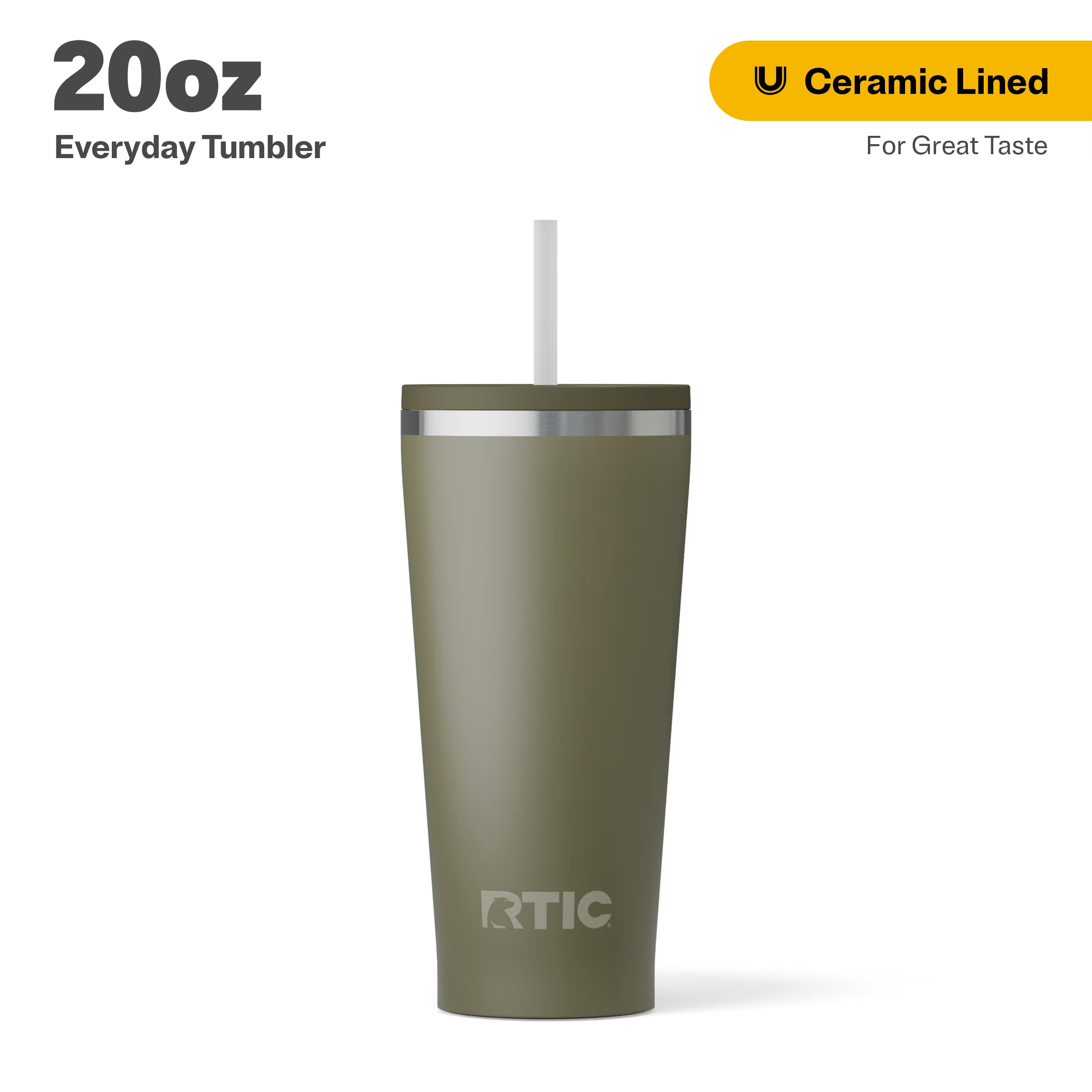 RTIC 20oz Everyday Tumbler Insulated Stainless Steel Portable Travel Coffee Cup with Straw, Spill-Resistant Lid, BPA-Free, Hot and Cold Drink, Ceramic Lining, Olive