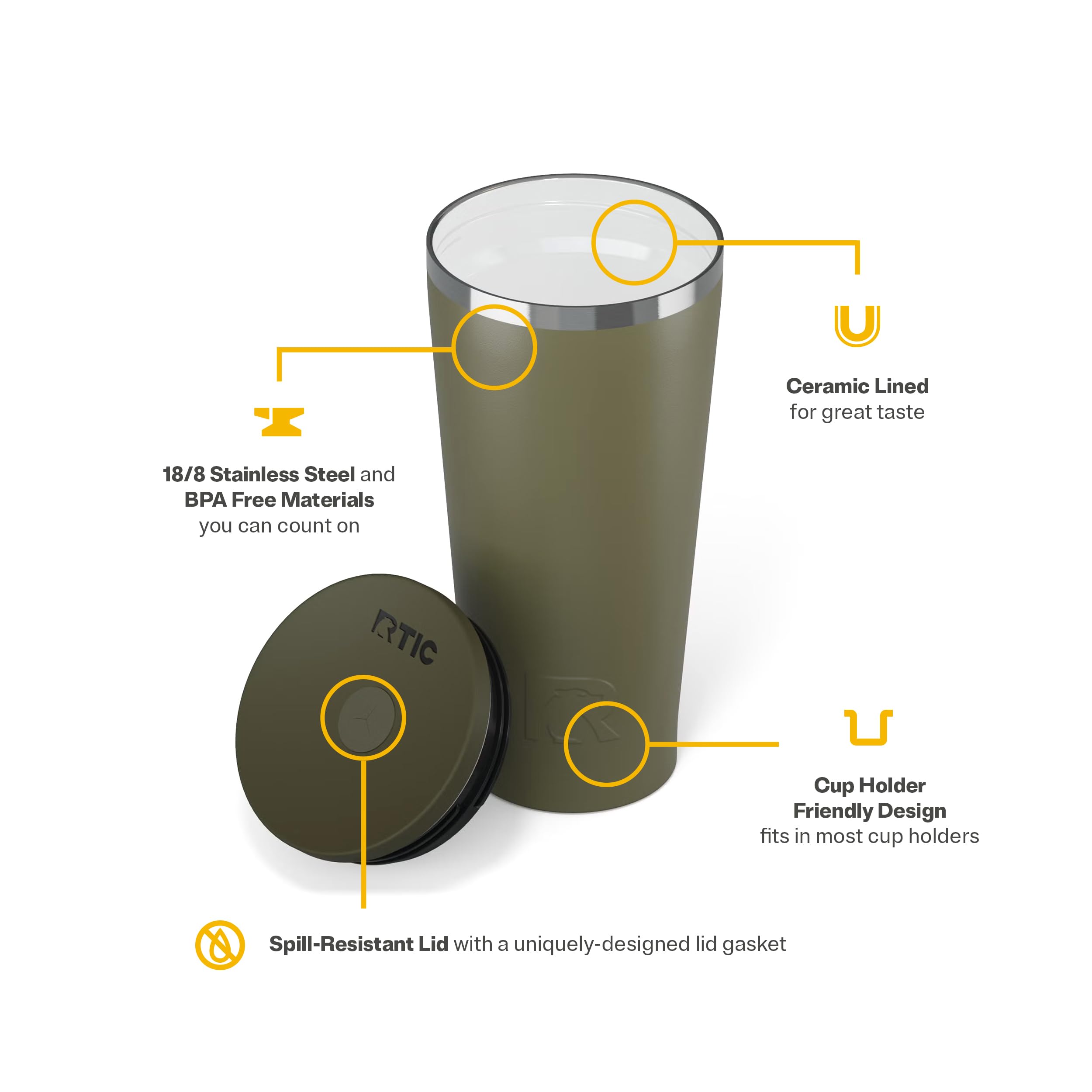 RTIC 20oz Everyday Tumbler Insulated Stainless Steel Portable Travel Coffee Cup with Straw, Spill-Resistant Lid, BPA-Free, Hot and Cold Drink, Ceramic Lining, Olive