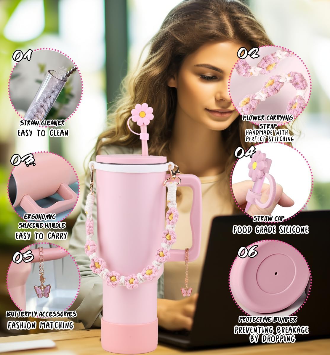 Sanilinwild 40 oz Tumbler with Handle Straw and Accessories, Drop & Abrasion Resistant, Vacuum Double-Layer Insulation, Ideal for Camping, Fitness, Outdoor Use