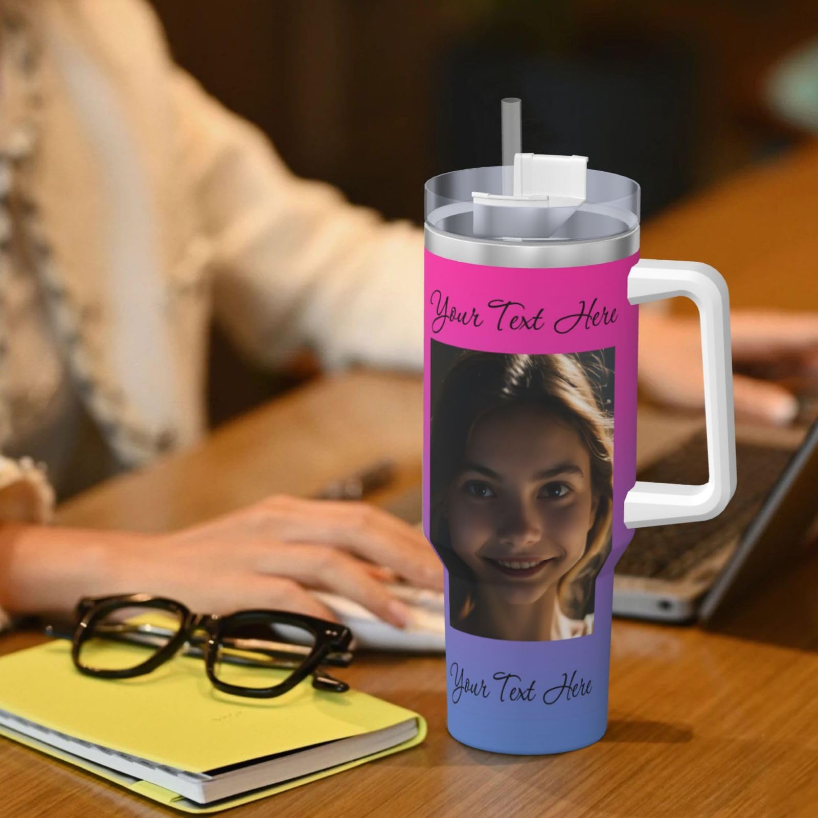 Mount Hour Custom Personalized Photos Stainless Steel Ice Bully Cup with Handle Lid Straw 40 OZ, Design Logo Text Name Travel Coffee Cup, Funny Presents for Birthday