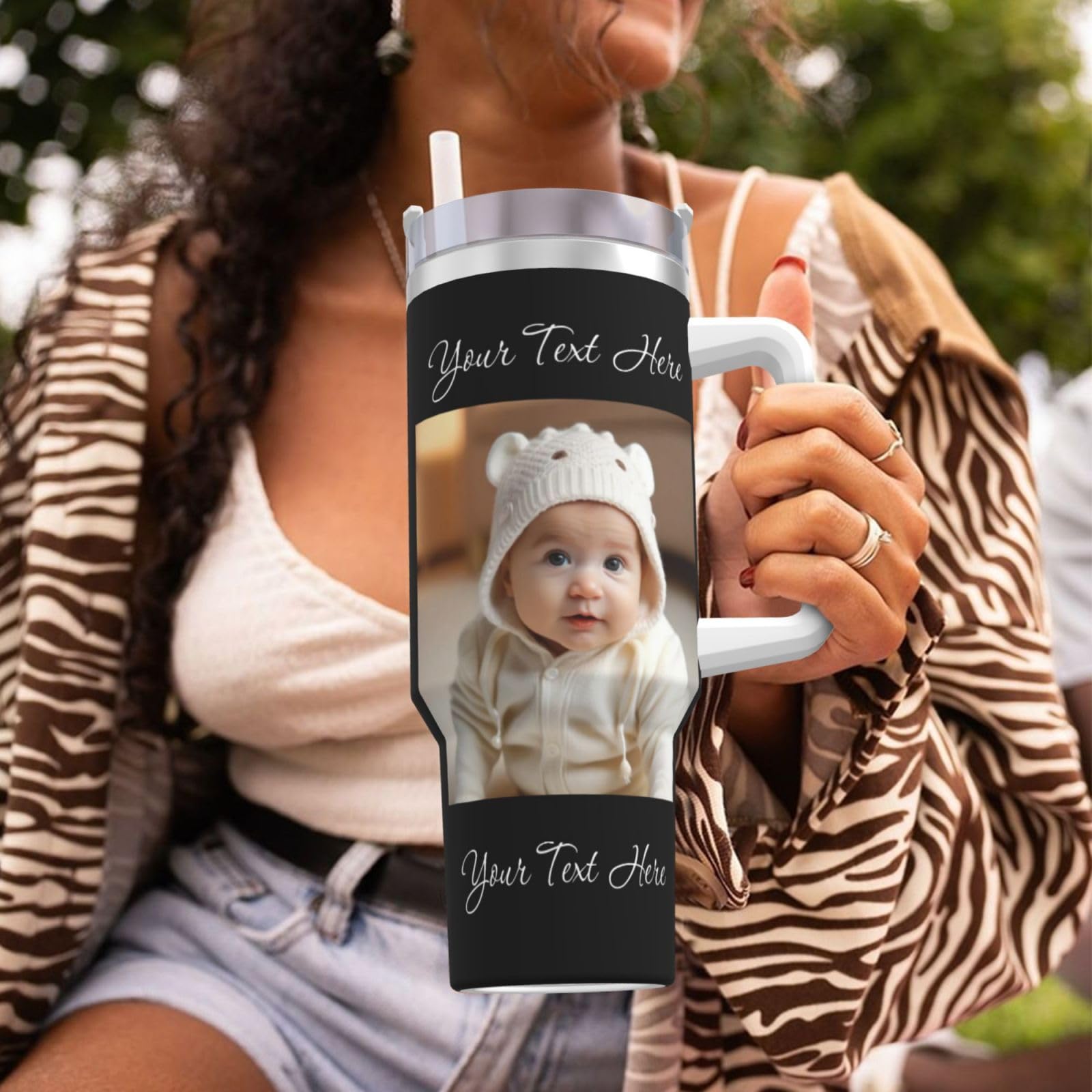 Mount Hour Custom Personalized Photos Stainless Steel Ice Bully Cup with Handle Lid Straw 40 OZ, Design Logo Text Name Travel Coffee Cup, Funny Presents for Birthday