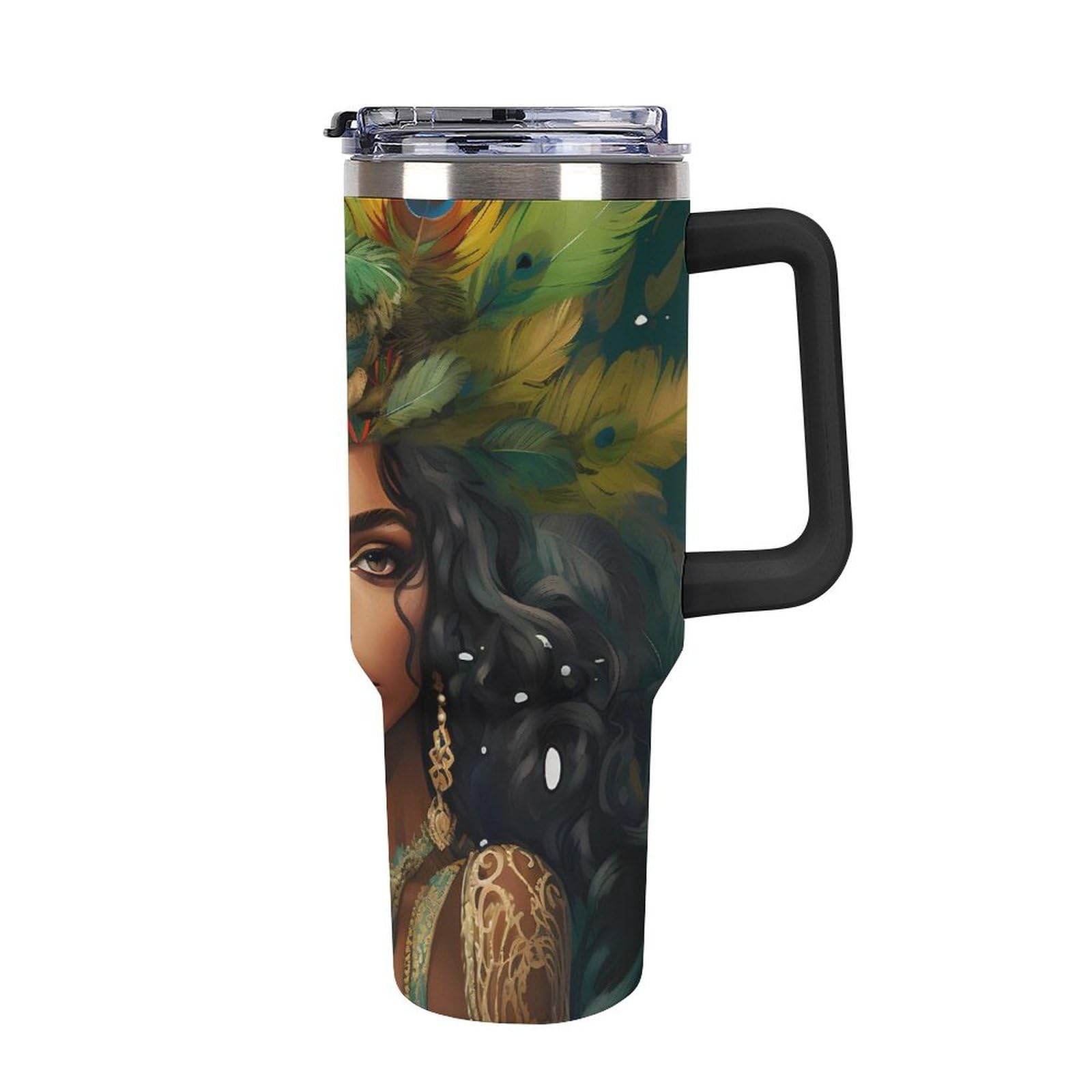 African American Women 40 Oz Tumbler with Handle Insulated Stainless Steel Travel Coffee Mug Leakproof Water Bottle Black-Color
