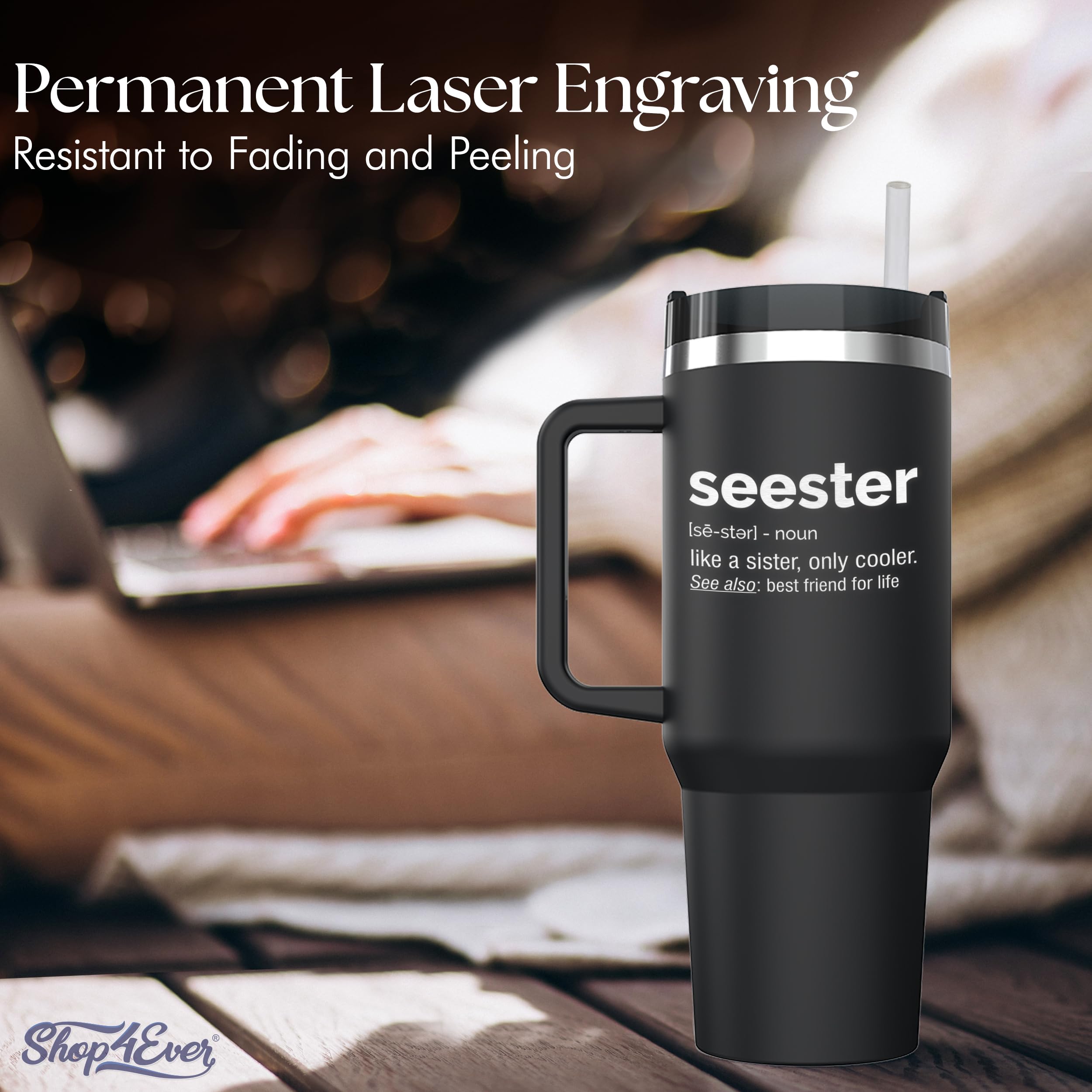 shop4ever Seester Definition Engraved Insulated Stainless Steel Tumbler with Handle, Lid, and Straw 40 oz. Funny Gift for Sister Best Friend (Black)