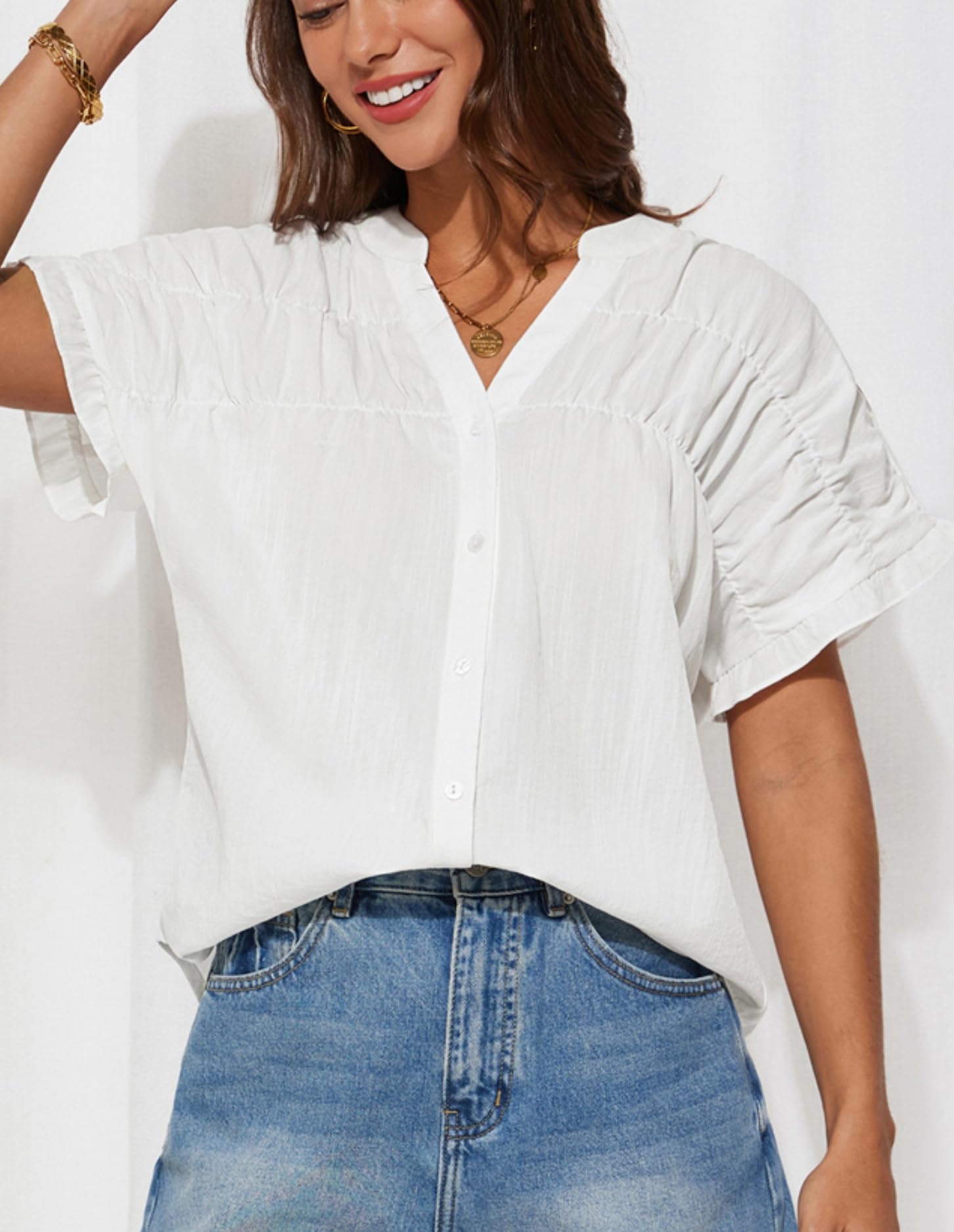 Womens Summer White Top 2025 Fashion V Neck Short Ruffle Sleeve Pleated Blouse Button Down Shirt Ivory 2XL