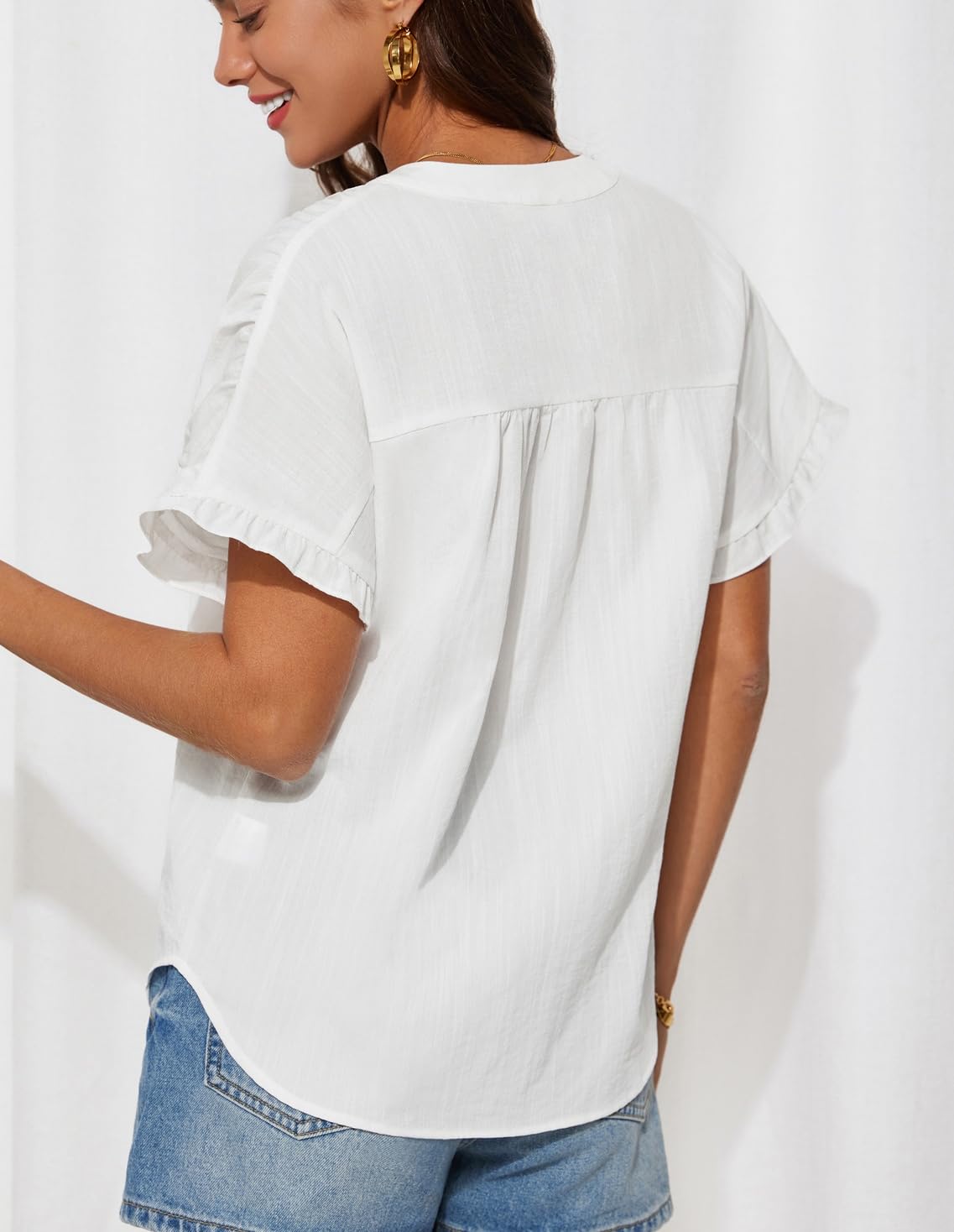Womens Summer White Top 2025 Fashion V Neck Short Ruffle Sleeve Pleated Blouse Button Down Shirt Ivory 2XL