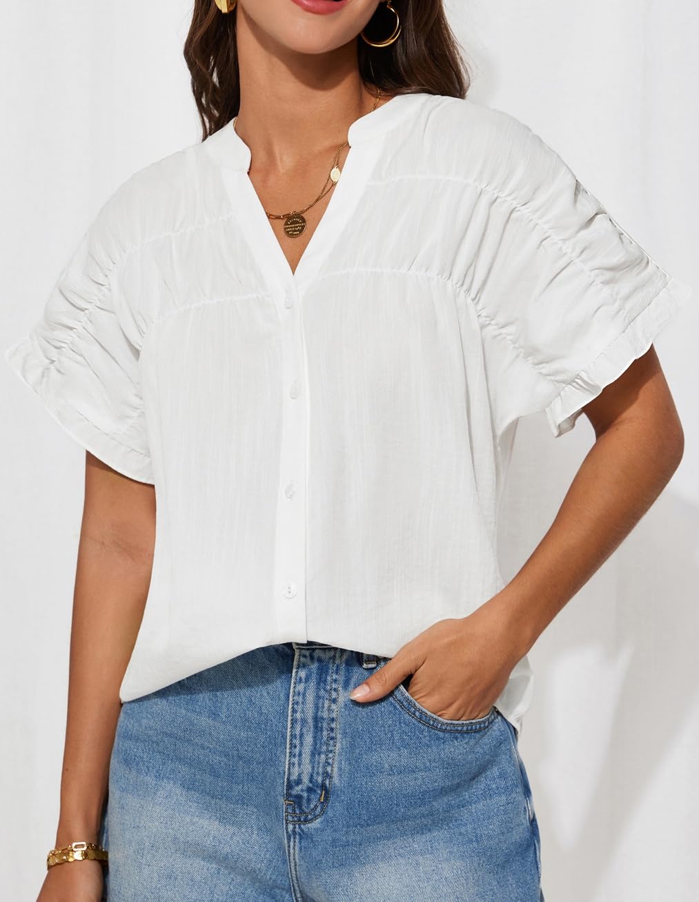 Womens Summer White Top 2025 Fashion V Neck Short Ruffle Sleeve Pleated Blouse Button Down Shirt Ivory 2XL