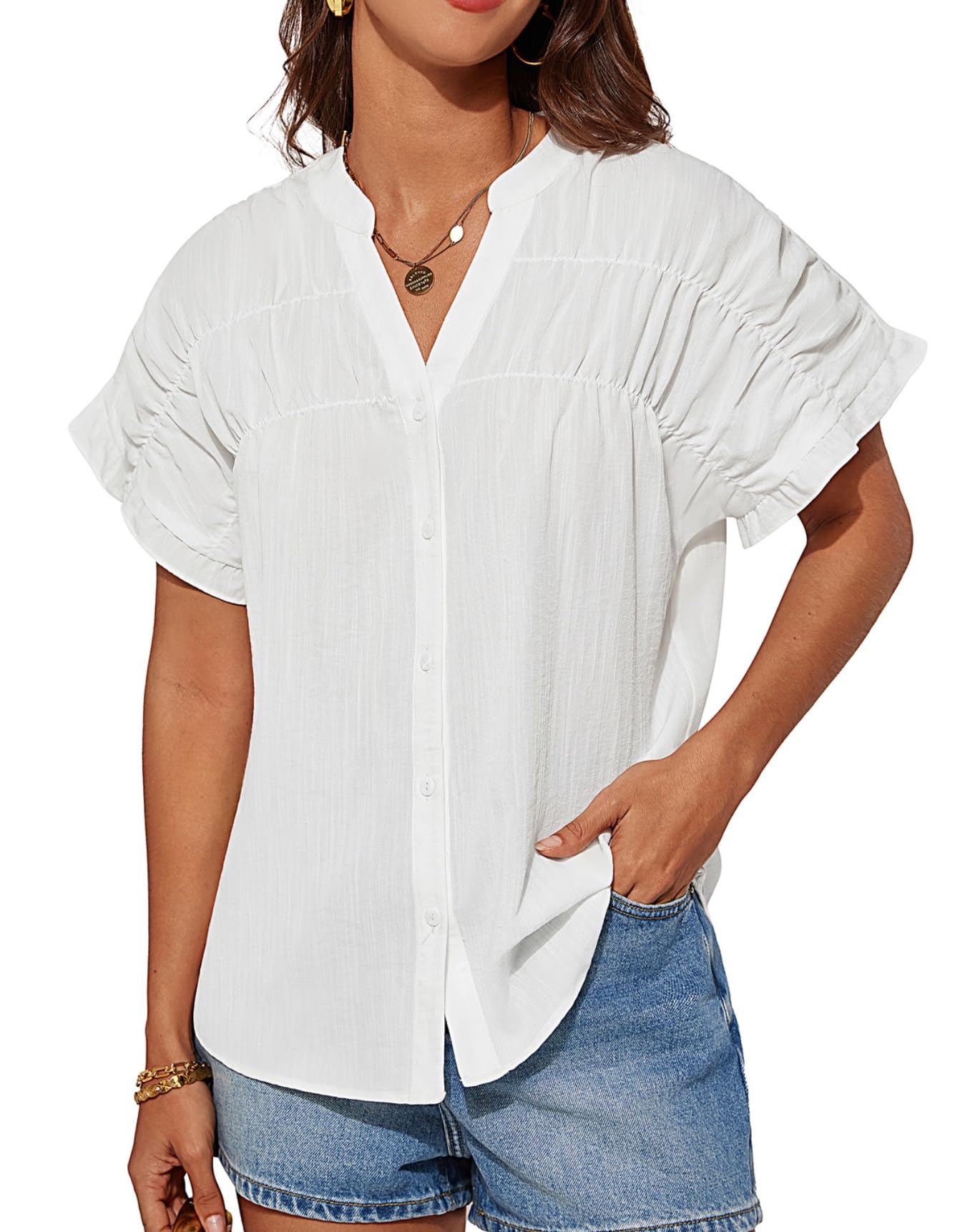 Womens Summer White Top 2025 Fashion V Neck Short Ruffle Sleeve Pleated Blouse Button Down Shirt Ivory 2XL