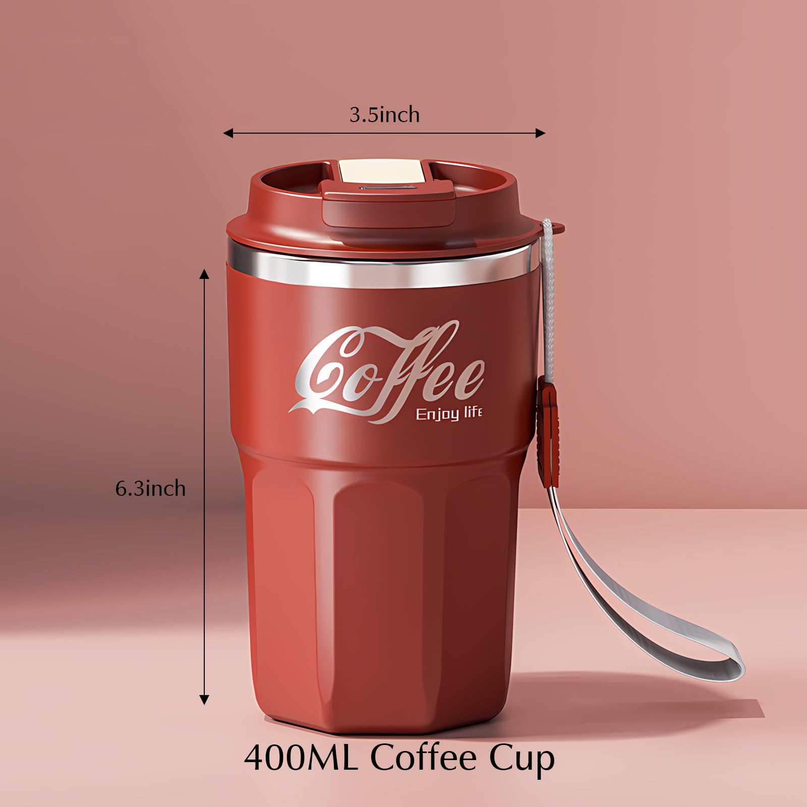 Colawind 13oz Travel Mug, Reusable Coffee Cups with Flip Top Lids, Stainless Steel Coffee Tumbler with Rope, 400ml Drink Cup for Iced Tea, Coffee, Water