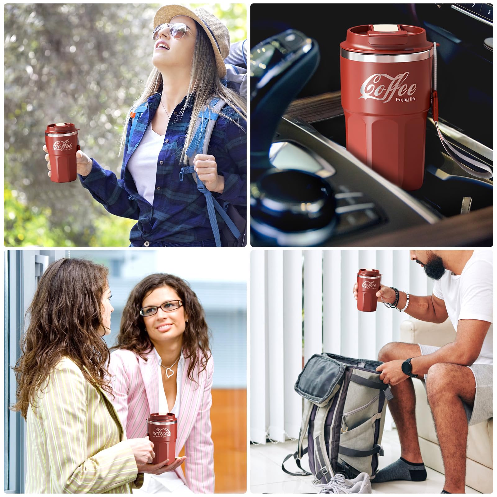Colawind 13oz Travel Mug, Reusable Coffee Cups with Flip Top Lids, Stainless Steel Coffee Tumbler with Rope, 400ml Drink Cup for Iced Tea, Coffee, Water