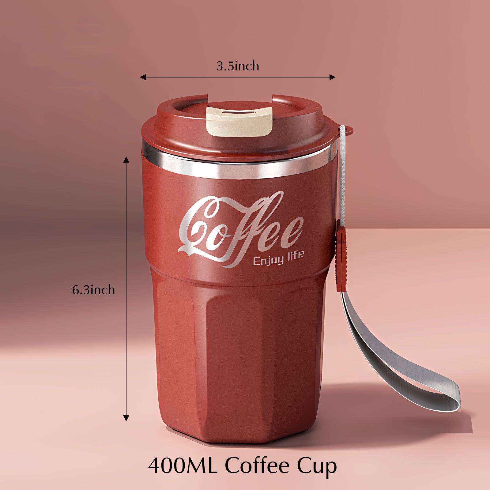 Colawind 16oz Travel Mug, Reusable Coffee Cups with Flip Top Lids, Stainless Steel Coffee Tumbler with Rope, 480ml Red Drink Cup for Iced Tea, Coffee, Water