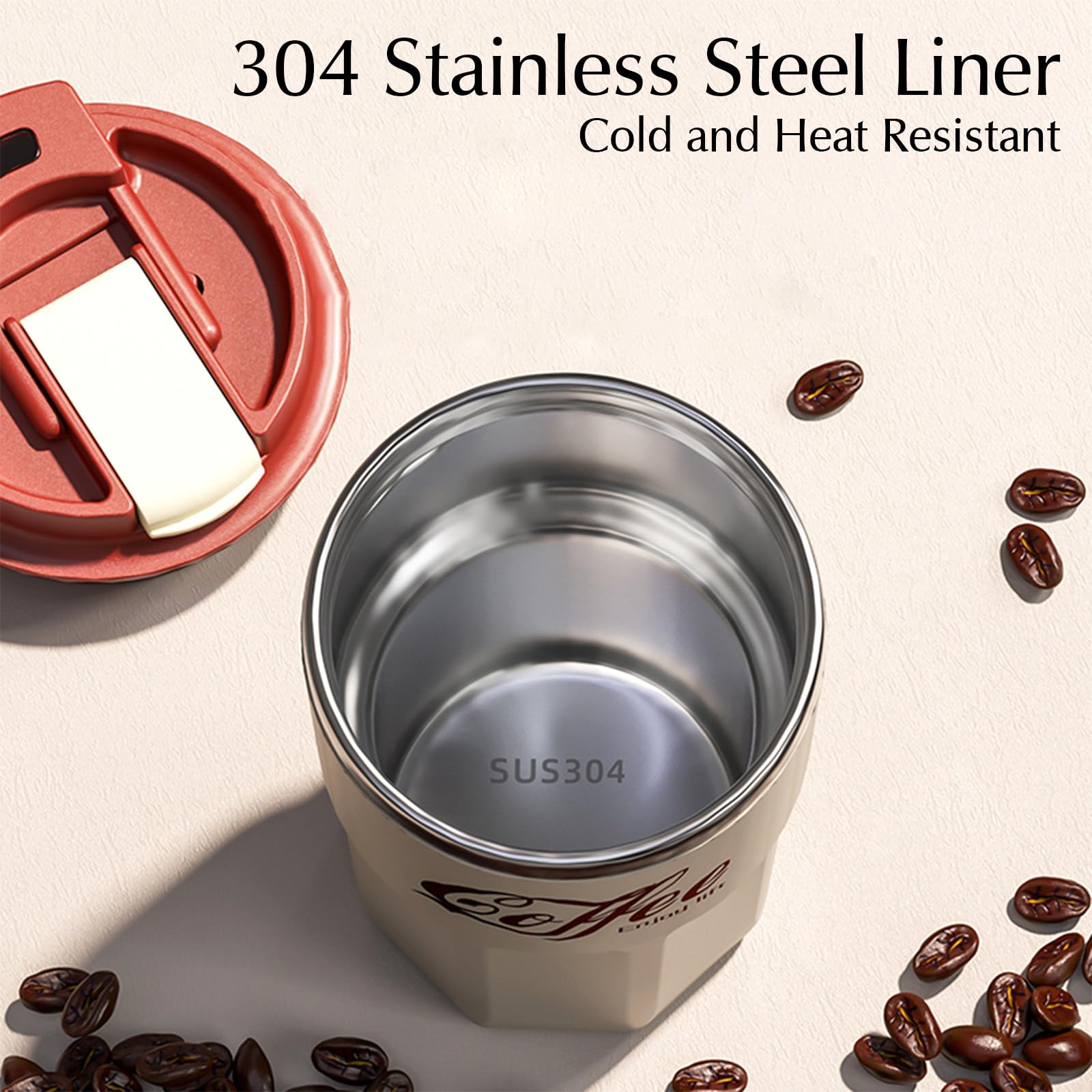 Colawind 16oz Travel Mug, Reusable Coffee Cups with Flip Top Lids, Stainless Steel Coffee Tumbler with Rope, 480ml Red Drink Cup for Iced Tea, Coffee, Water