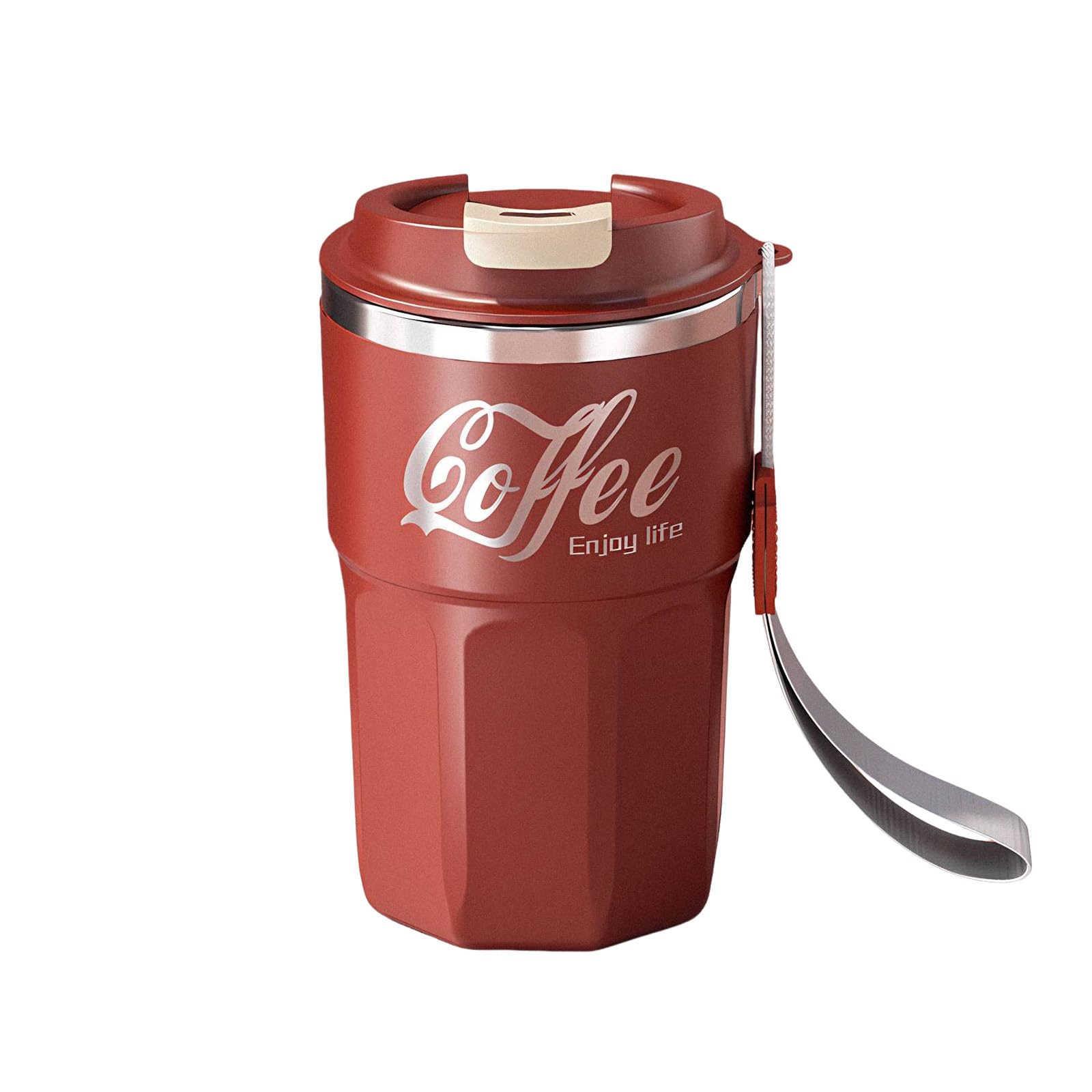 Colawind 16oz Travel Mug, Reusable Coffee Cups with Flip Top Lids, Stainless Steel Coffee Tumbler with Rope, 480ml Red Drink Cup for Iced Tea, Coffee, Water