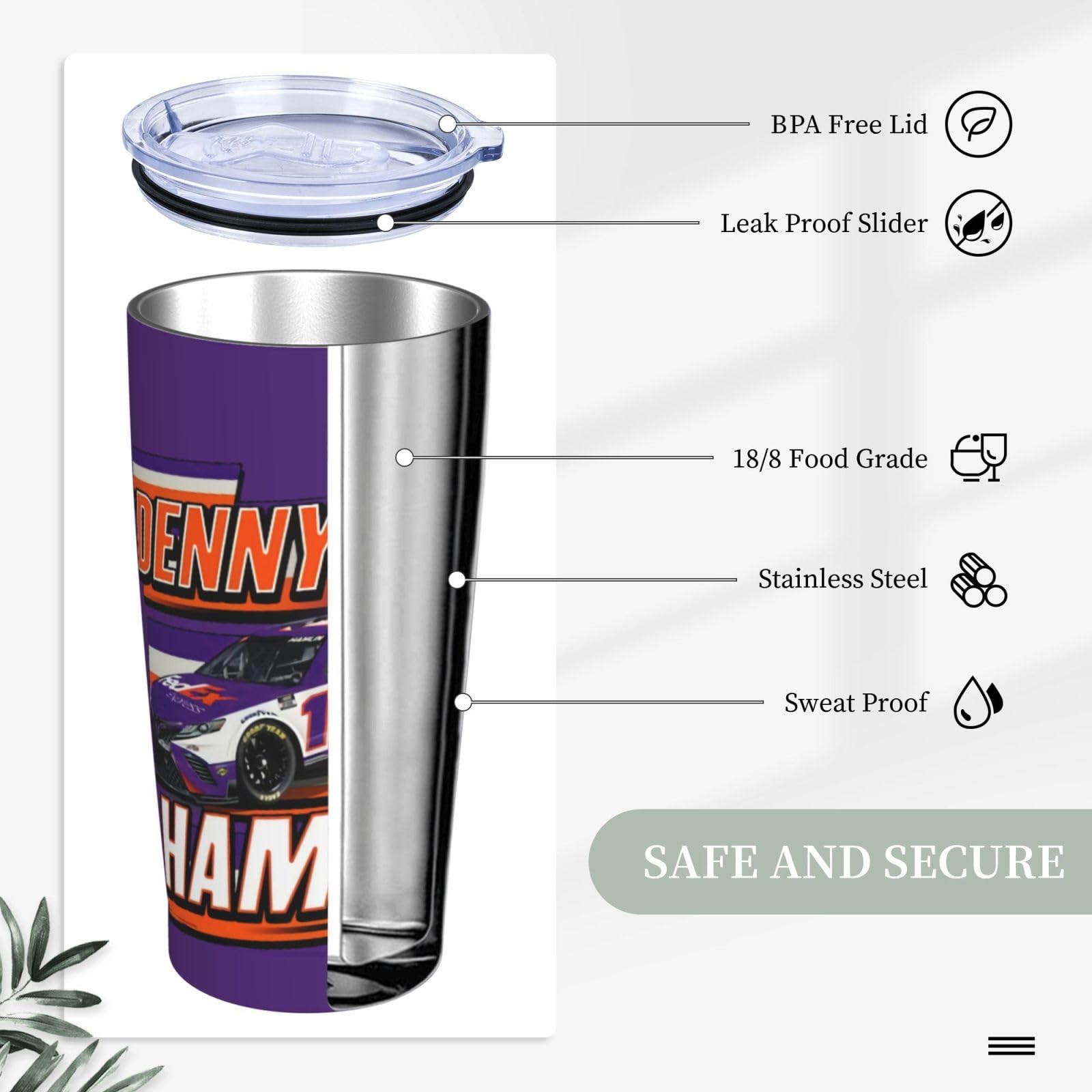 XCSEZ Denny Hamlin 11 20 Oz Stainless Steel with Lids Coffee Thermal Cup Double Wall Mug Metal Straw and Brush Durable for Hot Cold Drinks