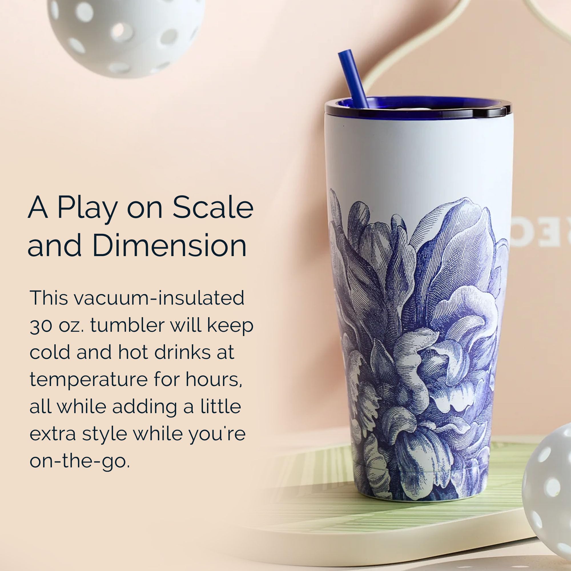 Caskata Peony Stainless Steel Insulated Tumbler | Floral Cup, Lid & Straw Set for Travel, Commuting, & School | Perfect for Birthday, Christmas & Holiday Gifts | Blue on White Color | 30 oz