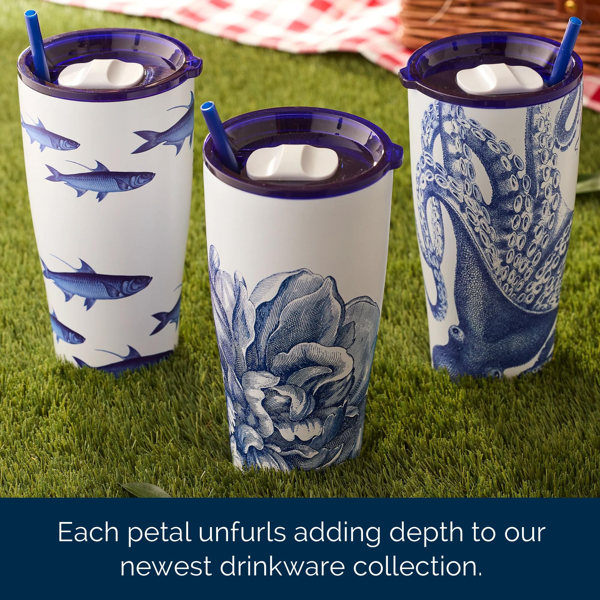 Caskata Peony Stainless Steel Insulated Tumbler | Floral Cup, Lid & Straw Set for Travel, Commuting, & School | Perfect for Birthday, Christmas & Holiday Gifts | Blue on White Color | 30 oz