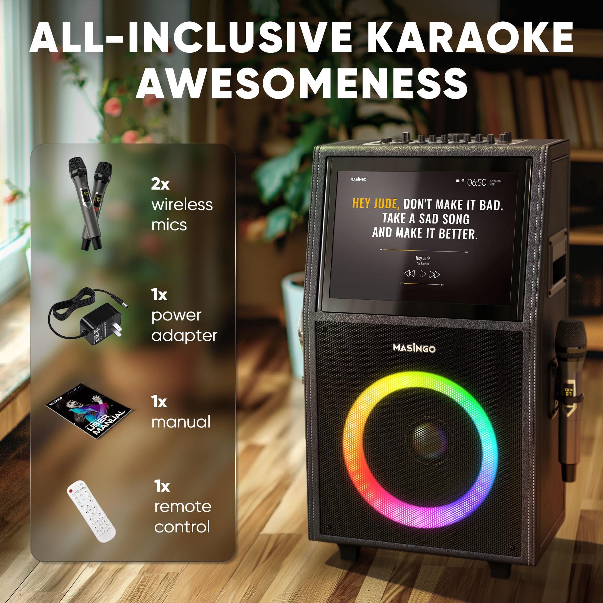 Professional Karaoke Machine with Lyrics Display Screen for Adults, 2 Wireless Microphones, LED Lights, Bluetooth Portable PA Speaker System with Upgraded Built in 15" Tablet & WiFi, Allegro X8 2.0